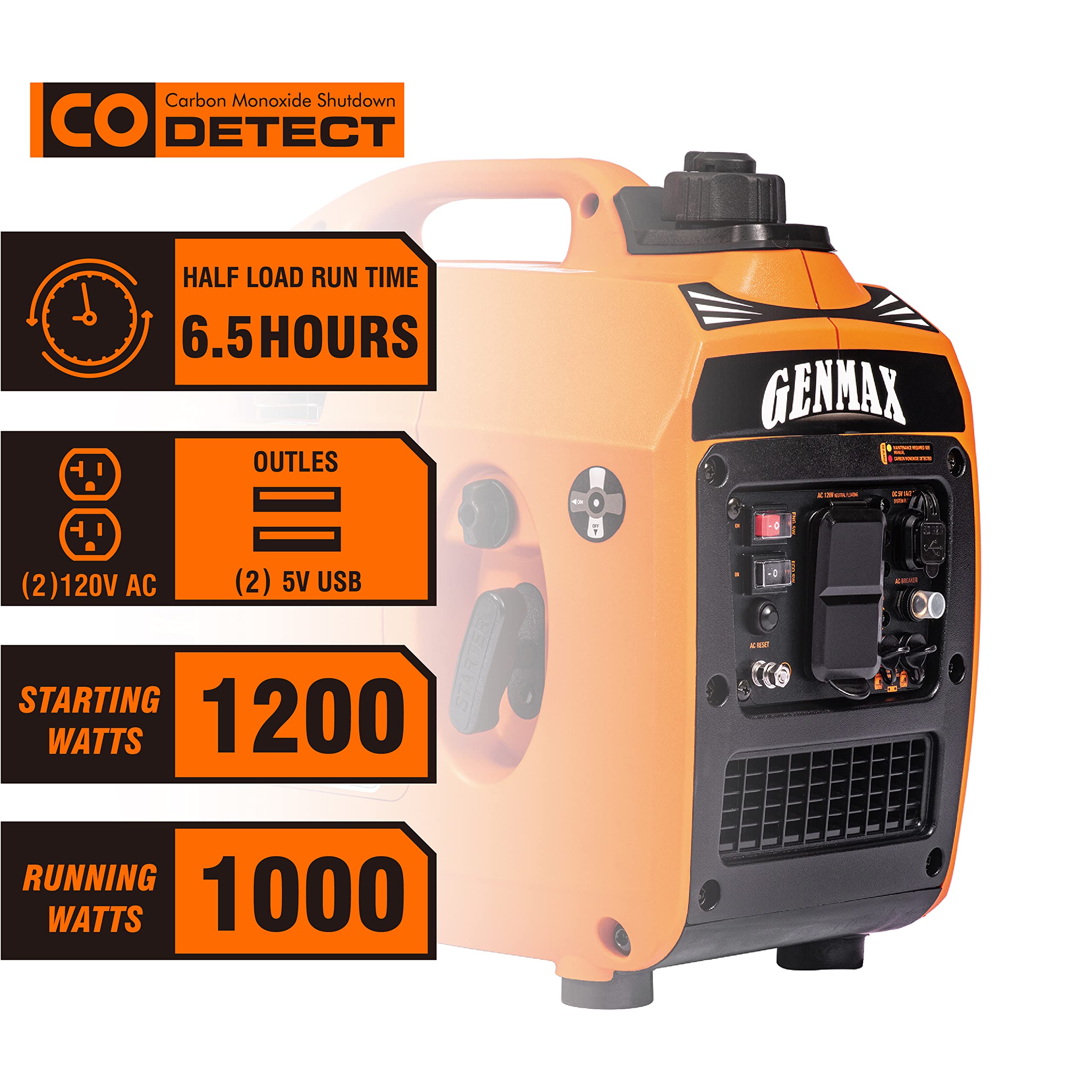 GENMAX Portable Generator,1200W Ultra-Quiet Gas Engine, EPA Compliant, Eco-Mode Feature, Ultra Lightweight for Backup Home Use & Camping (GM1200i)