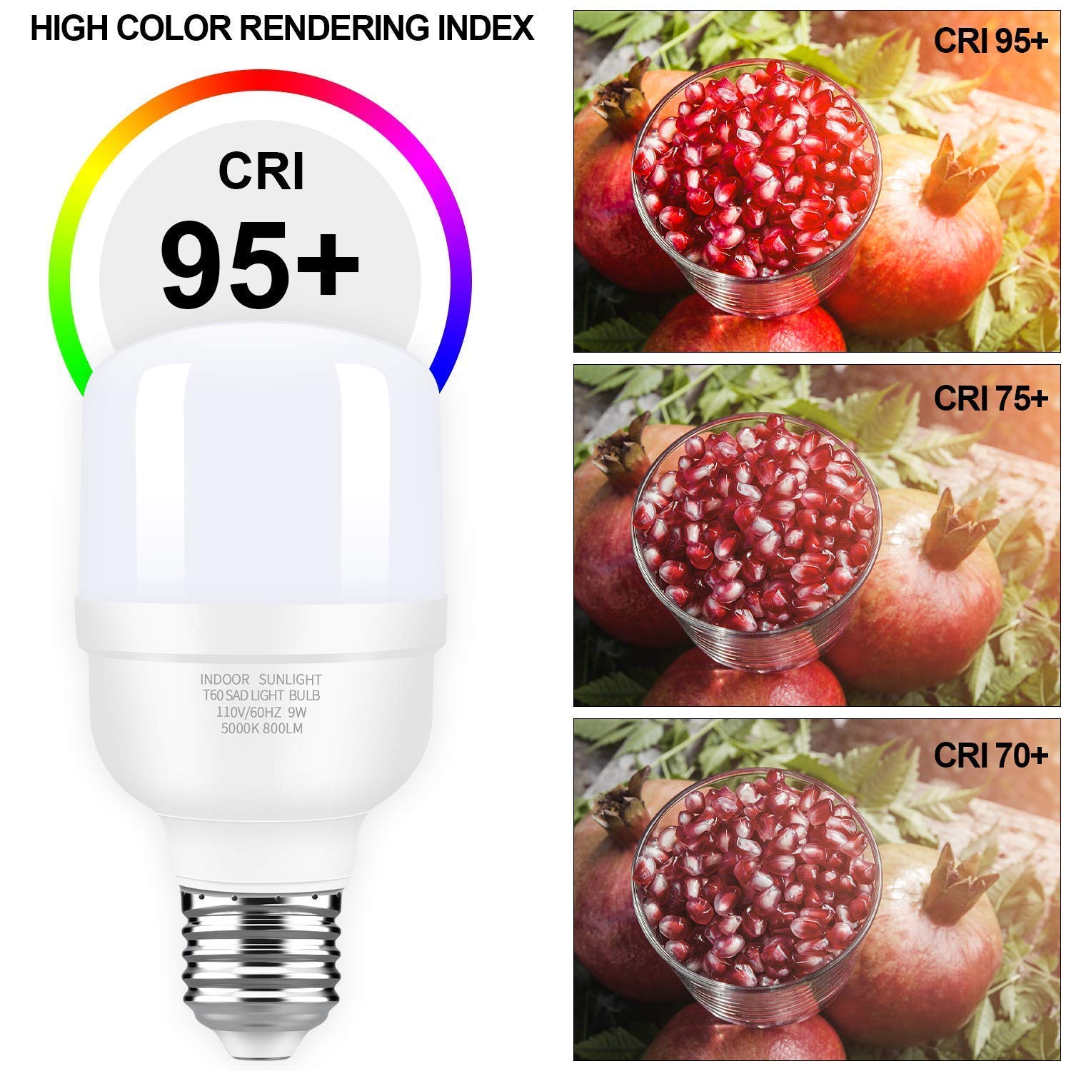 Hisoo 9W LED Full Spectrum Light Bulb, High CRI Cool White Natural Sunlight Bulb, Eye-Care Dimmable Light Lamp for Study Office Bedroom Living Room (2pack)