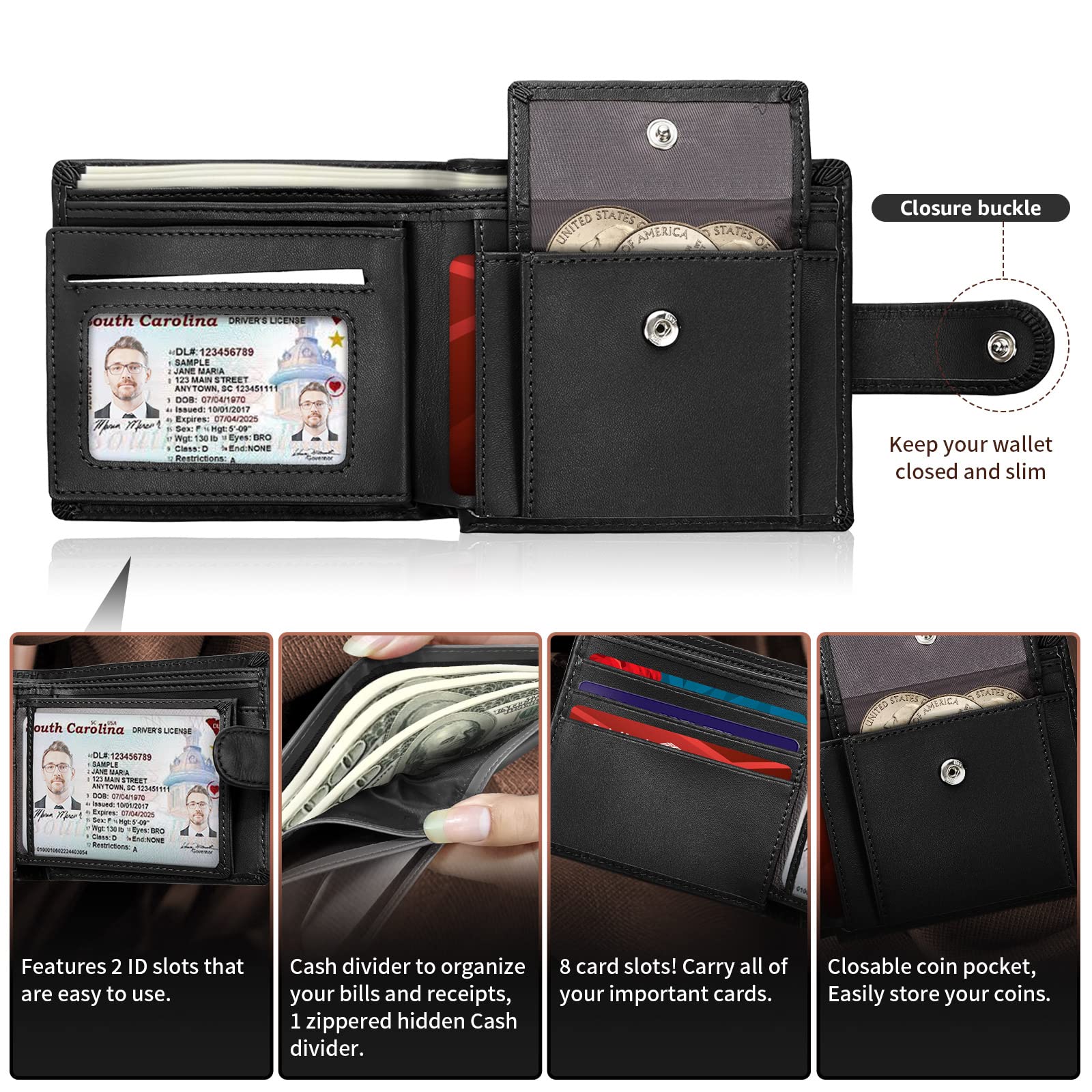 LifeImpree Genuine Leather Wallet for Men Large with Coin Pocket,RFID Bifold Wallets for Men with 2 ID Window and 11 Slots,Gift Box(Black)