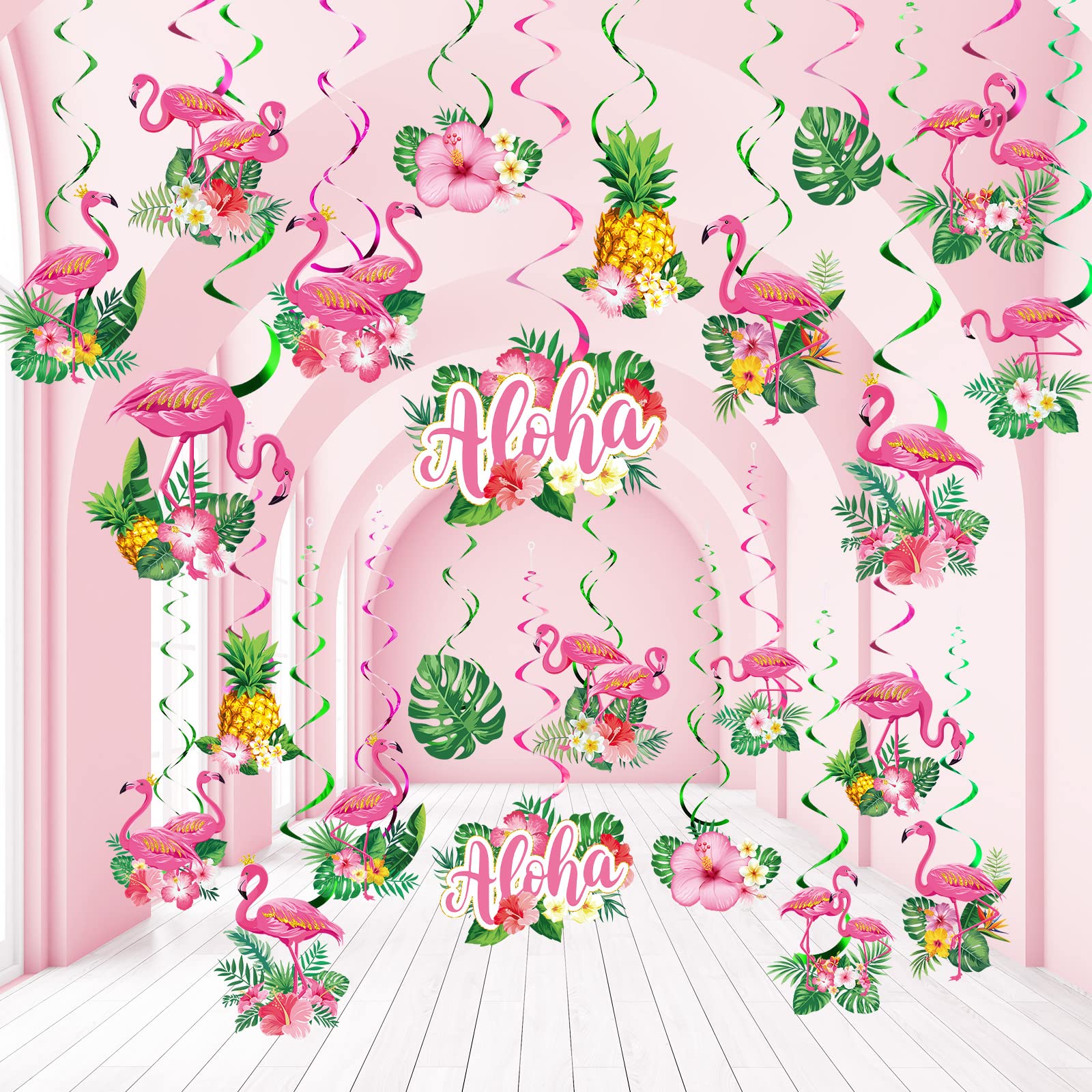 Fuutreo 54 Pcs Flamingo Party Hanging Swirl Decorations Tropical Flamingo Ceiling Hanging Swirls Hawaiian Party Ceiling Decor for Flamingo Summer Aloha Hawaiian Beach Luau Party Supplies Decor