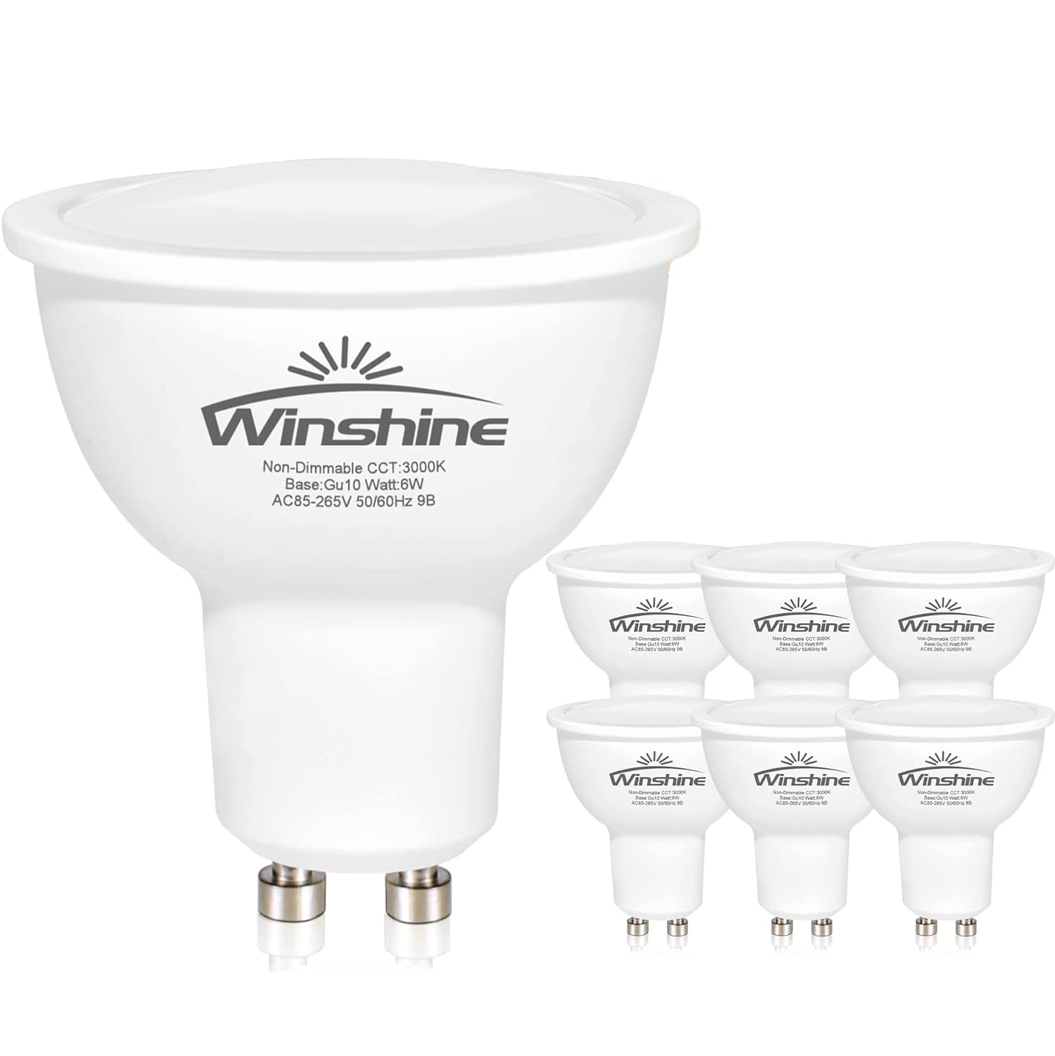 winshine GU10 LED Bulb, 50W Halogen Equivalent Light Bulbs, 3000K Warm White 2 Prong Base GU10 Bulb, LED Halogen Replacement Bulbs for Recessed Track Light 120V 550LM 120 Degree, Non-Dimmable 6 Pack