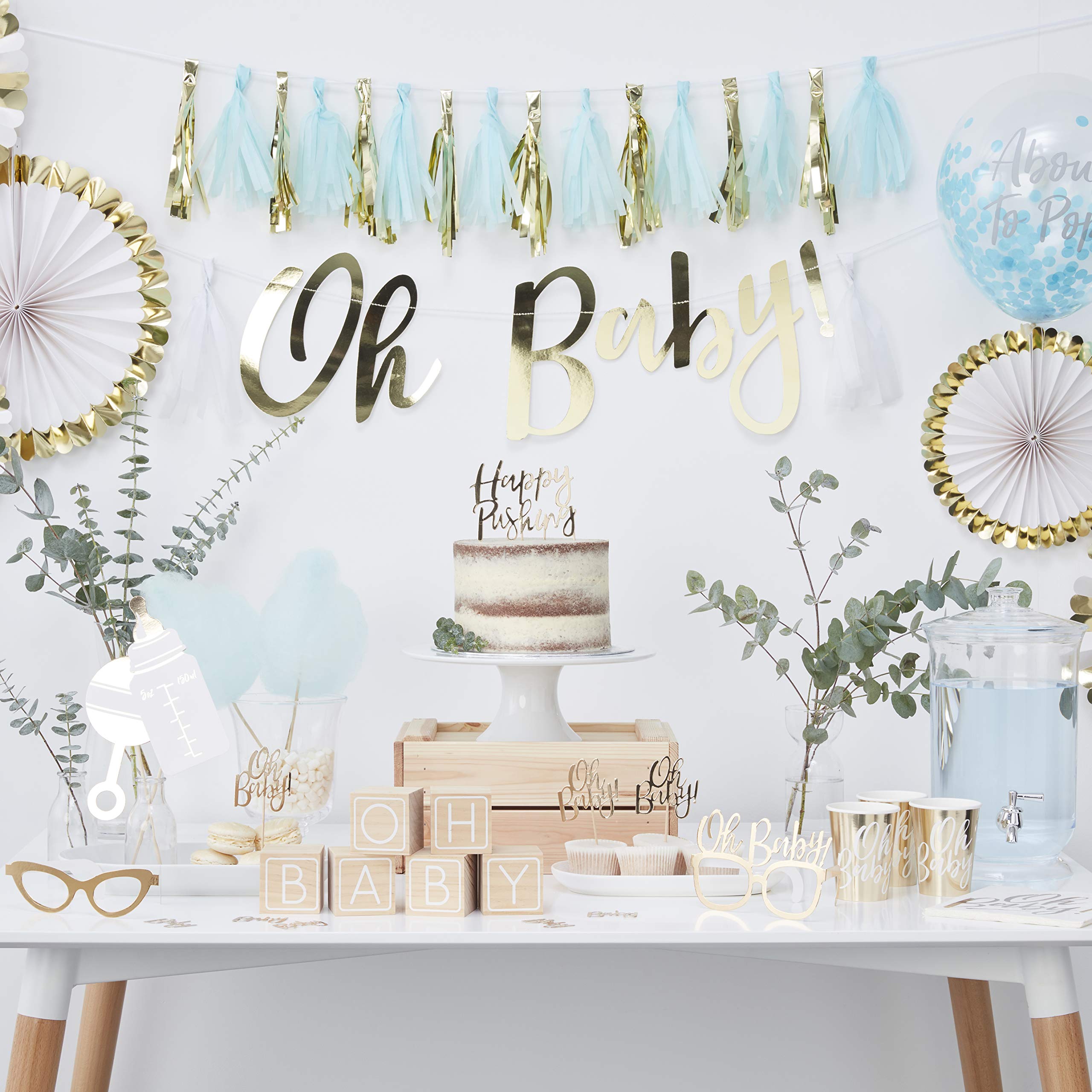 Ginger Ray Blue And Gold Foiled Baby Shower Party Tassel Garland 16 Pack