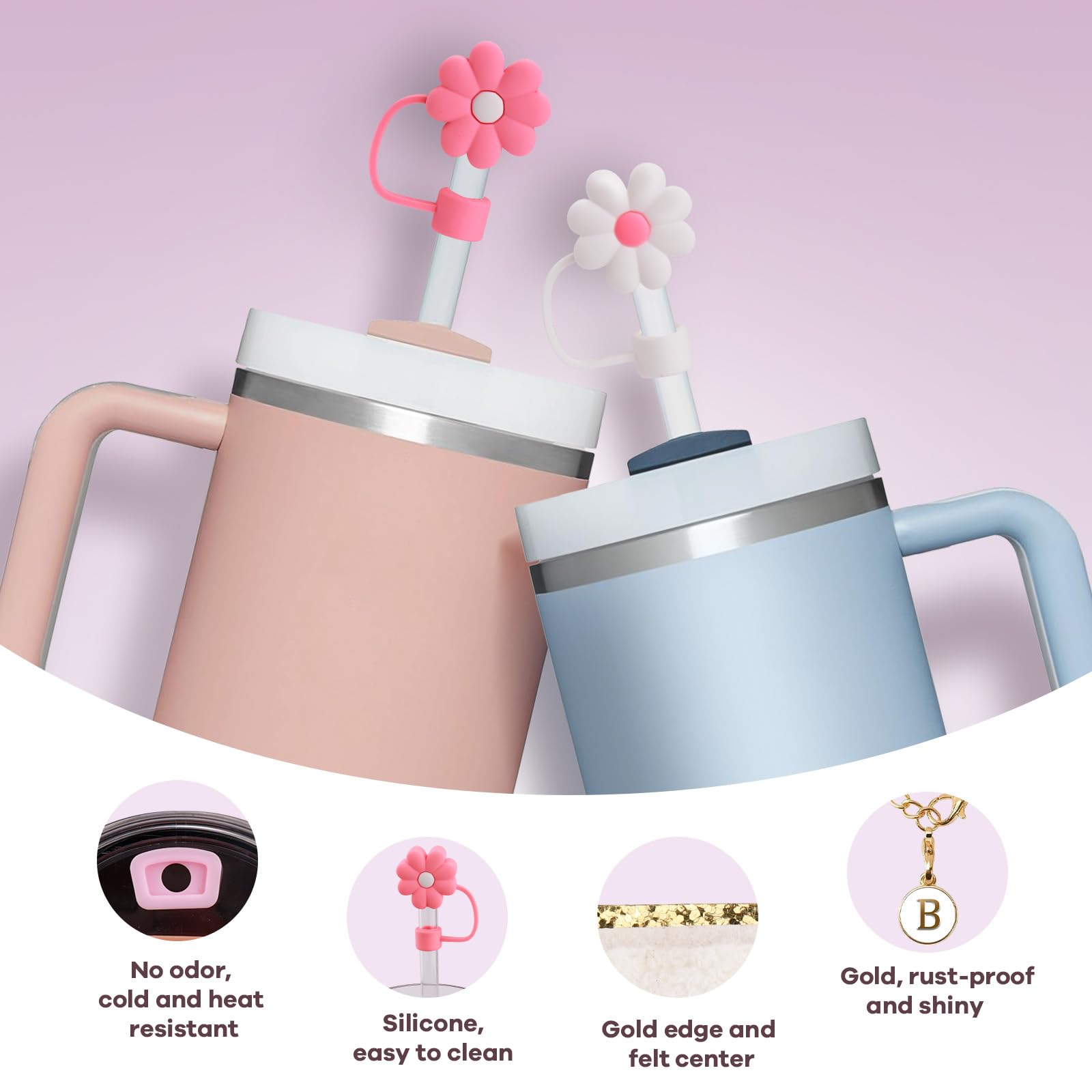 Mity rain 10pcs Cup Accessories Set for Stanley 30 oz 40 oz, Tumbler Straw Cover Cap for Stanley Cup, Round And Square Spill Proof Stopper, Letter Cup Charm, Sticker for Stanley Decorations, Letter K