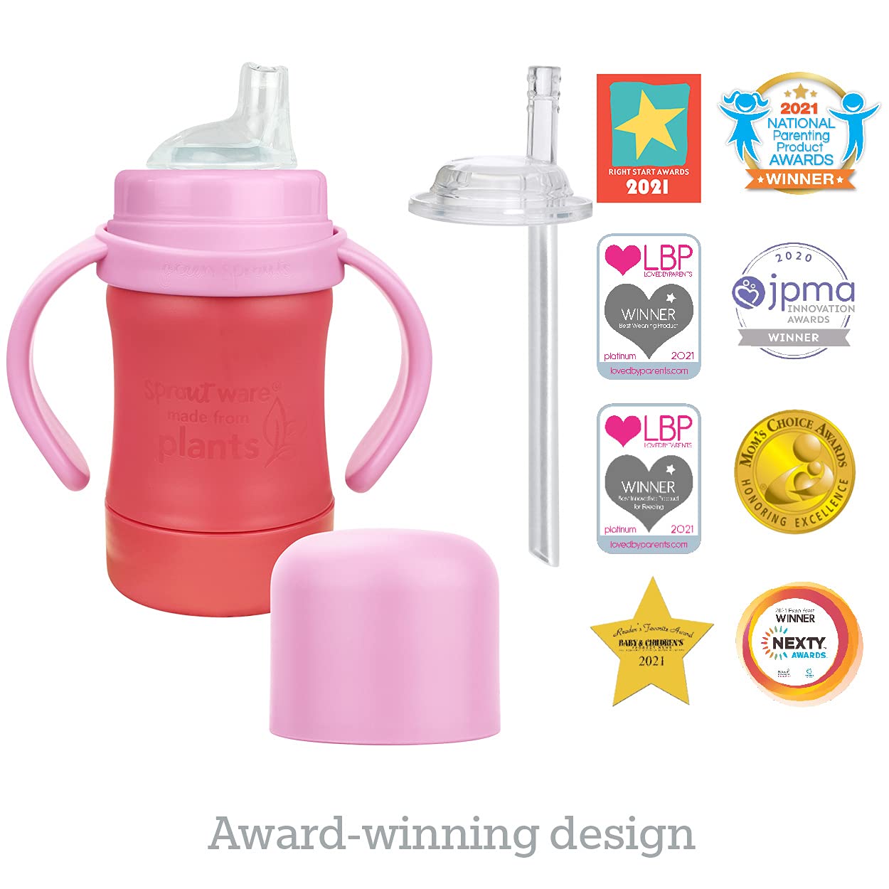 green sprouts Sprout Ware Plant-Plastic Sip & Straw Cup, Includes Sippy & Straw Spouts, Easy Grip Handles, New Pink