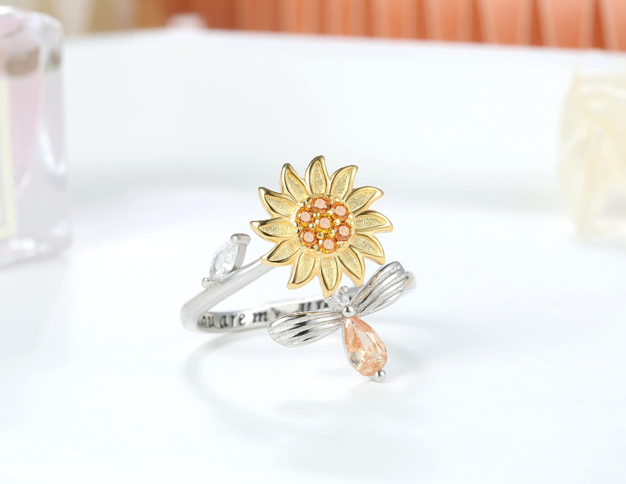 LYLYMIMI Sterling Silver Fidget Anxiety Rings for Women Adjustable Open Ring Cubic Zirconia Sunflower Spinner Jewelry -b