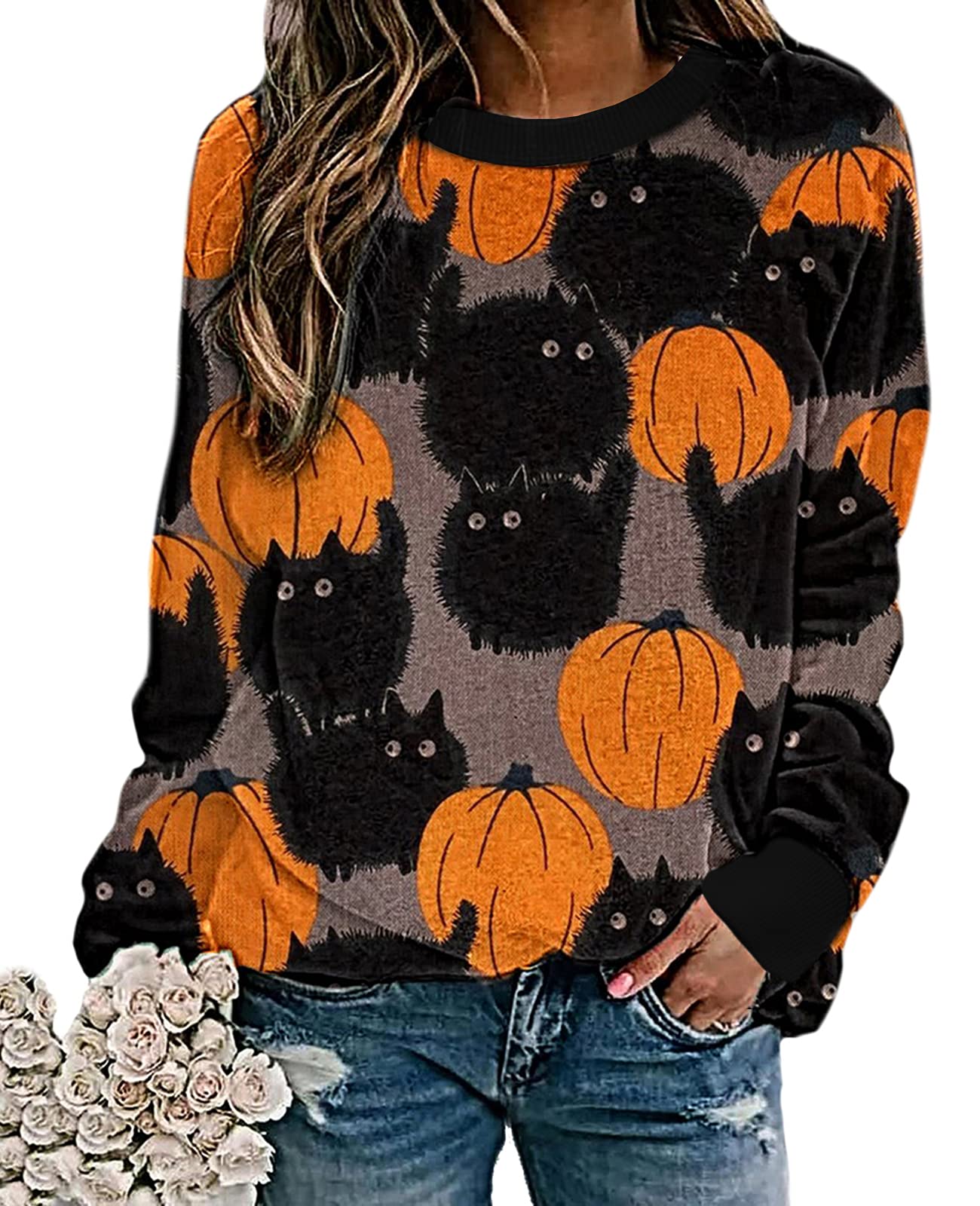Halloween Womens Sweatshirt Printed Pumpkins - Cats Floral Print Round Neck Comfy Shirt Brown L