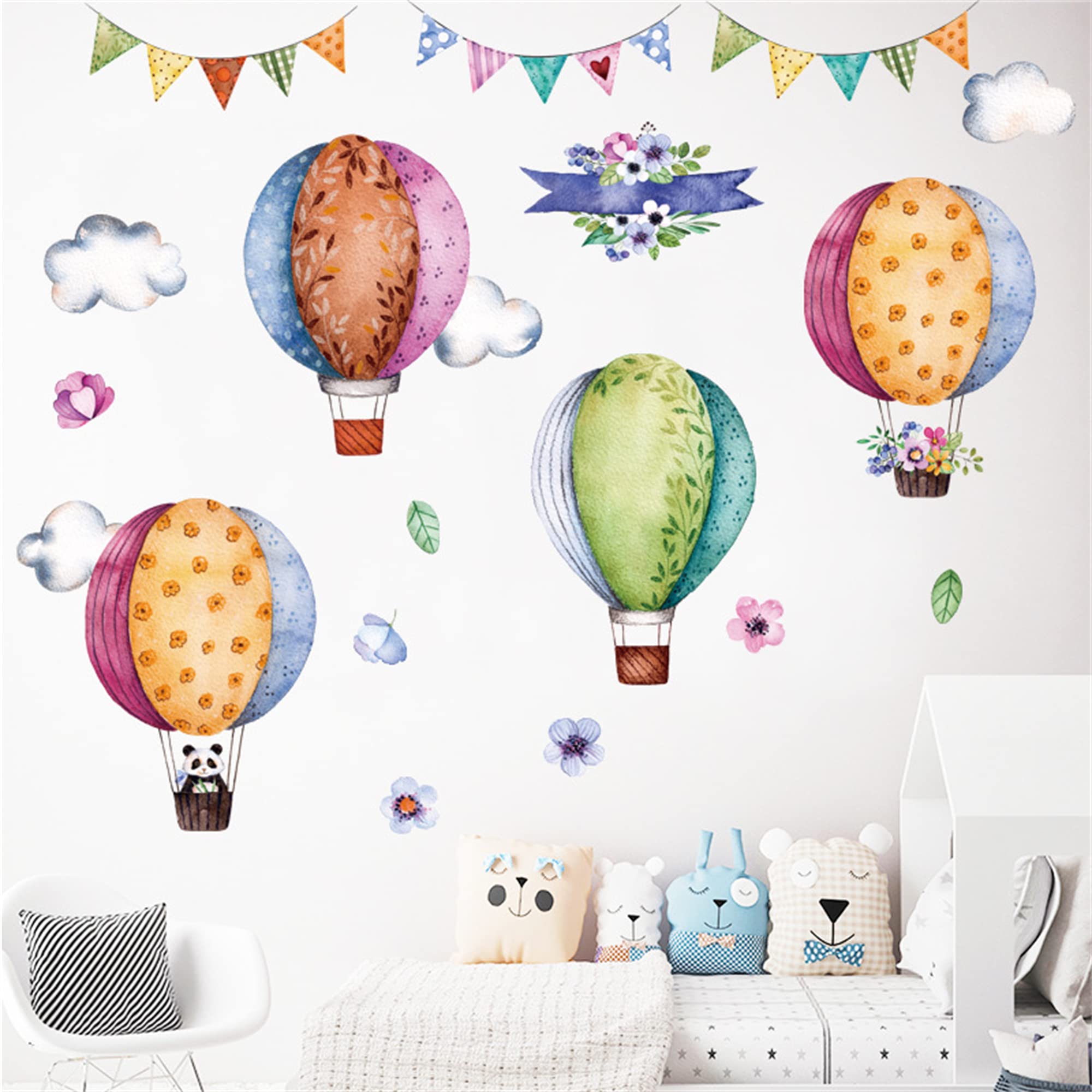 WAFT YEARN Waterproof Removable Vinyl PVC Hot Air Balloon Flower Wall Decal Wall Sticker Decor Bedroom Bathroom Nursery Kidsroom School Classroom Livingroom