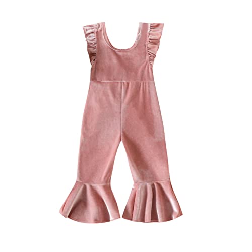 Toddler Baby Girl Ruffle Velvet Overalls Suspender Flare Pants Christmas One-piece Jumpsuit Bell Bottom Trousers (Pink , 6-12 Months )