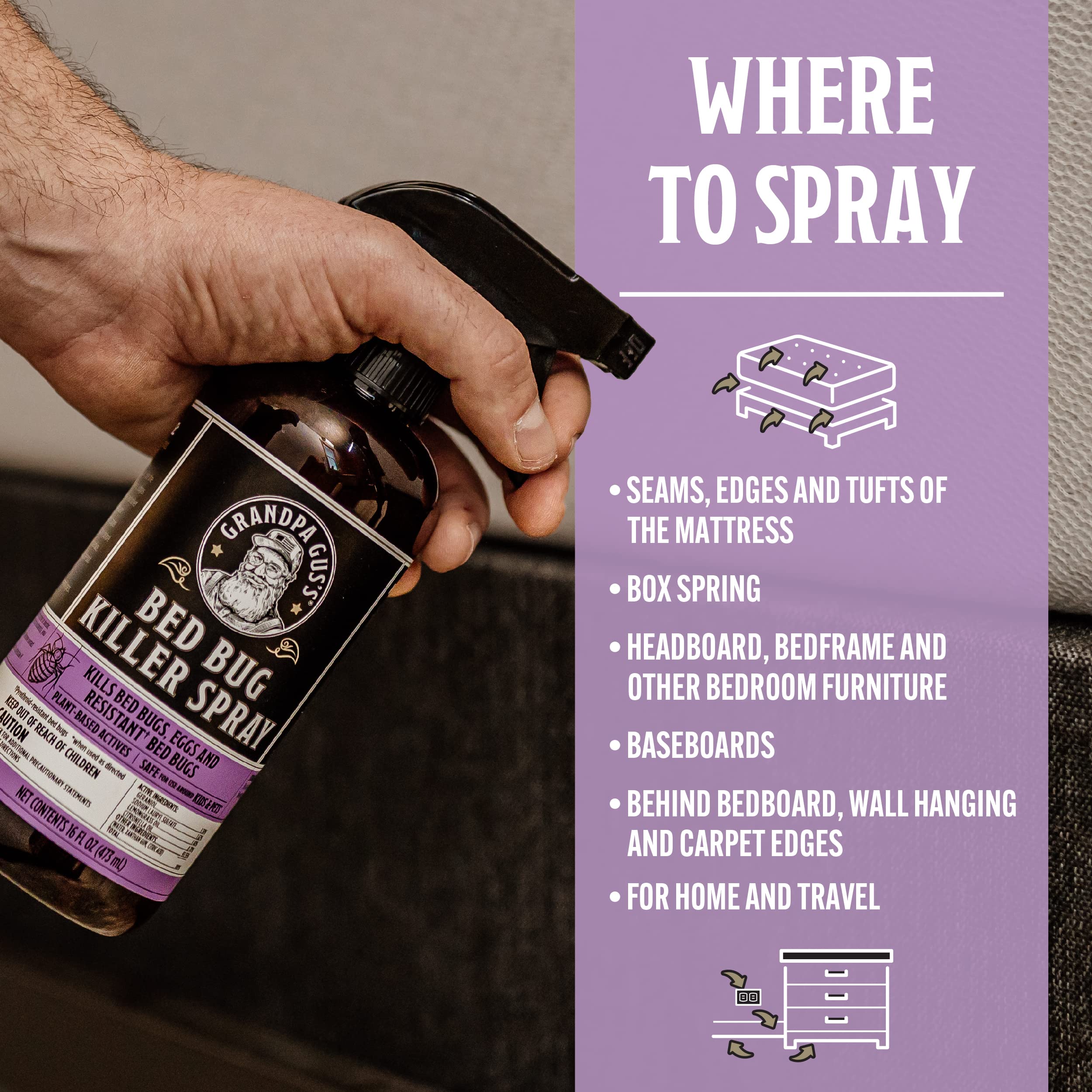 Grandpa Gus's Natural Bed Bug Killer Spray, 48 Hours Time-Release Plant-Based Actives, Kills Bed Bugs & Their Eggs, 16 fl oz