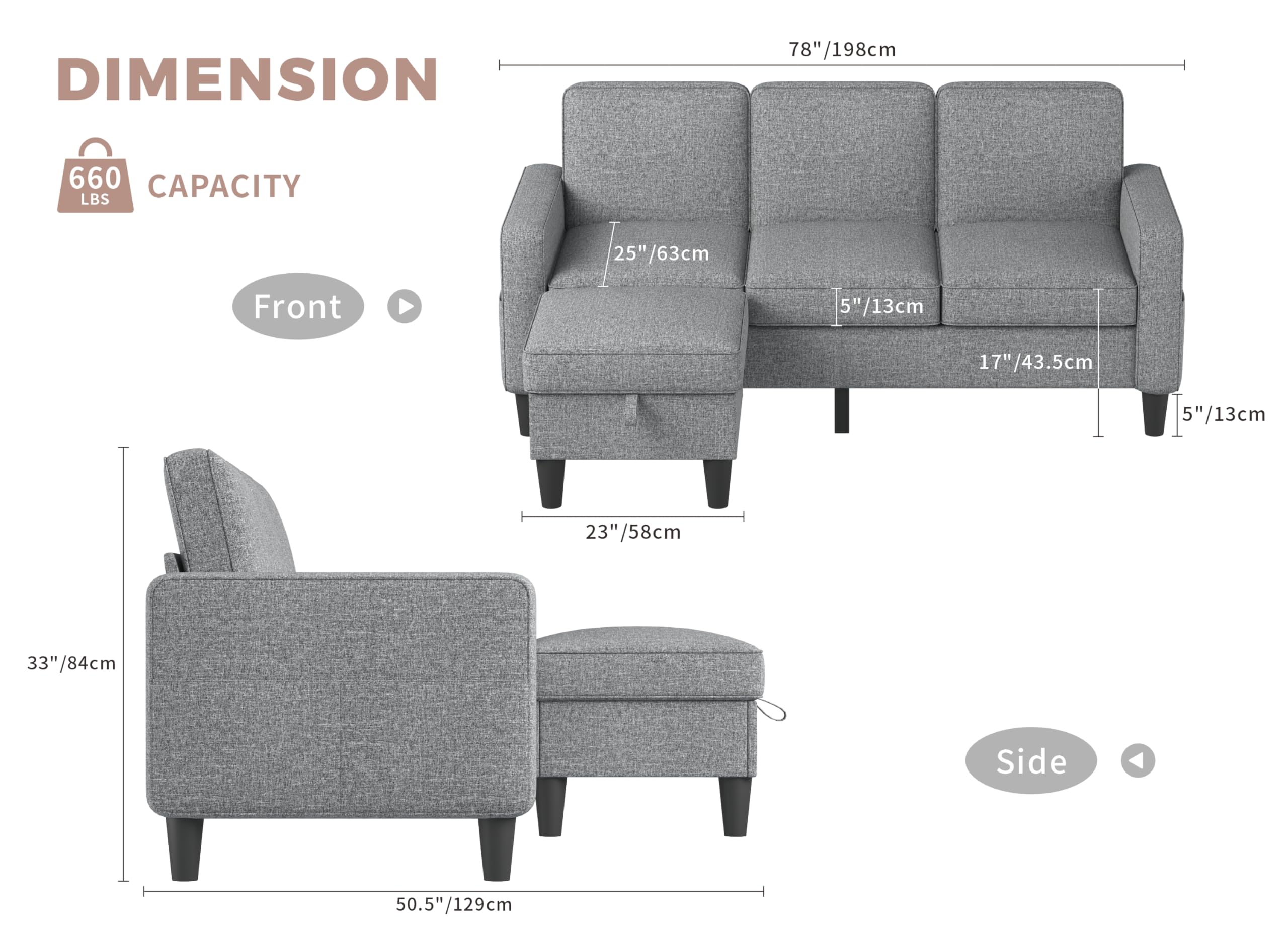 Woyomeub Sectional Couches for Living Room: L Shaped Couch with Storage Ottoman - Gray Sofa 3 Seater Furniture Set Modern Linen Fabric Futon Sleeper Sofas for Apartment Studio Small Space