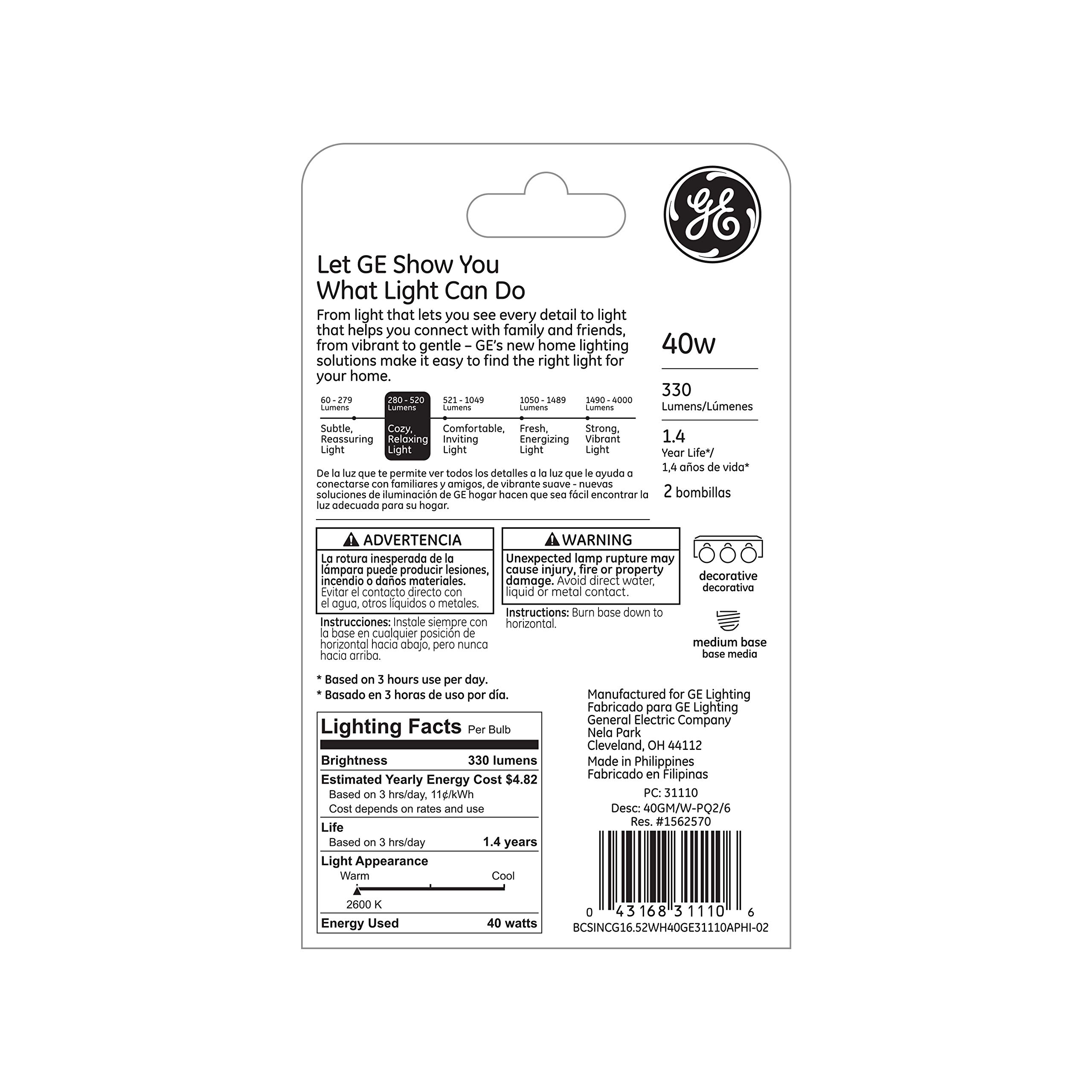 GE 043168311106 Soft White 31110 40-Watt, 330-Lumen G16.5 Light Bulb with Medium Base, 2-Pack, 2 Count (Pack of 1)