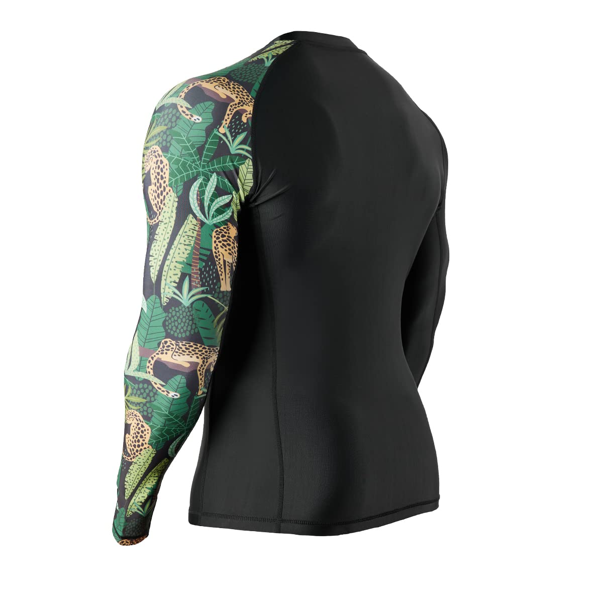 HUGE SPORTS Men's Rash Guard Long Sleeves UPF 50+ UV Sun Protection Quick Drying Splice Compression Swim Shirts Black Leopard