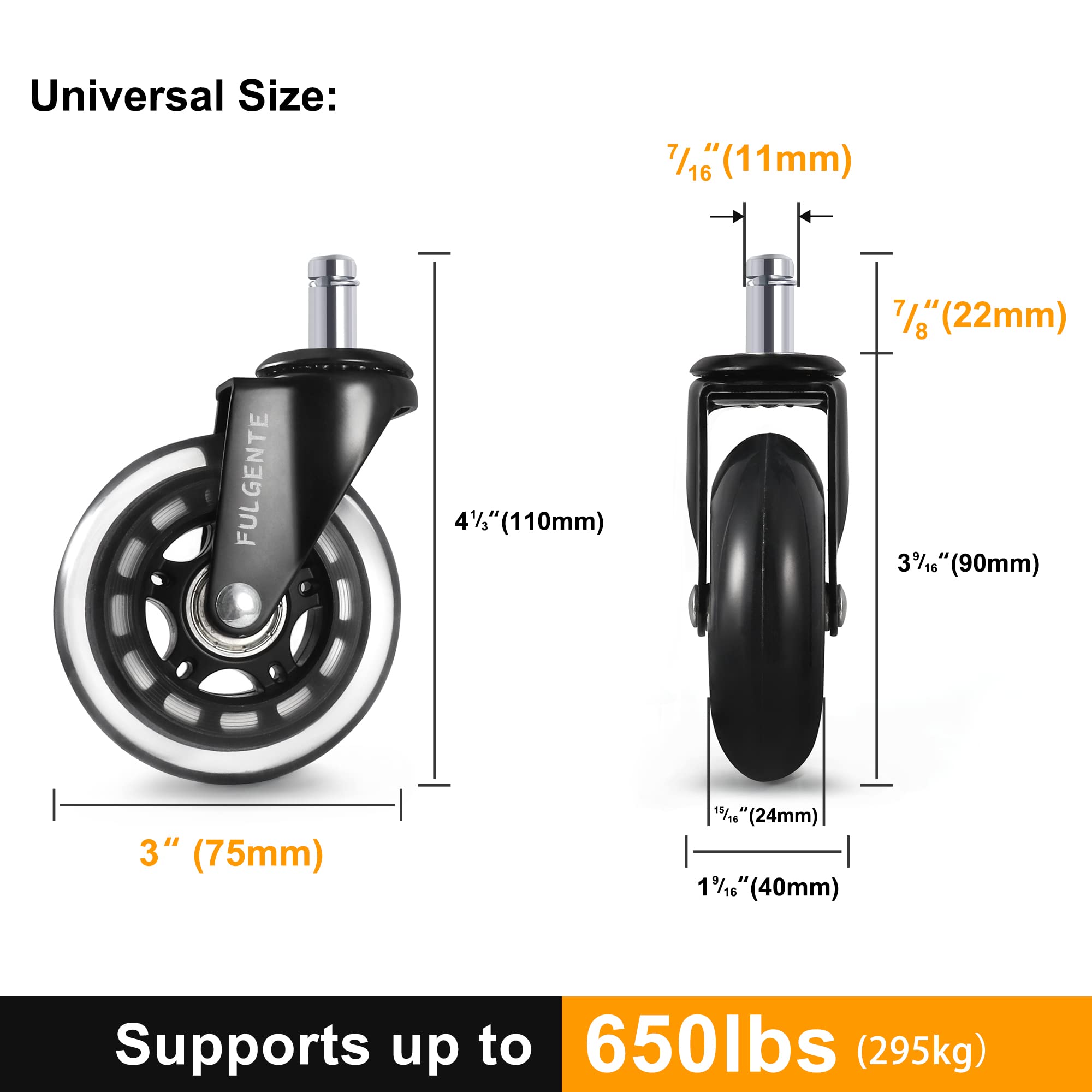 Fulgente Office Chair Caster Wheels(Set of 5), Heavy Duty Protection for Hardwood & Tile Floors Without Mat, Replacement Rubber Chair Casters Universal Fit 7/16 inch -Quick & Quiet Rolling Over Cables