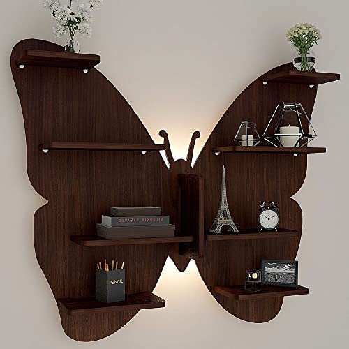 Tyagi-Export Butterfly Shape Backlit Wood Wall Shelf/Book Shelf/Night Light (32 inches x 28 inches) Handcrafted in India - for Living Room Bedroom Kitchen Bathroom Farmhouse
