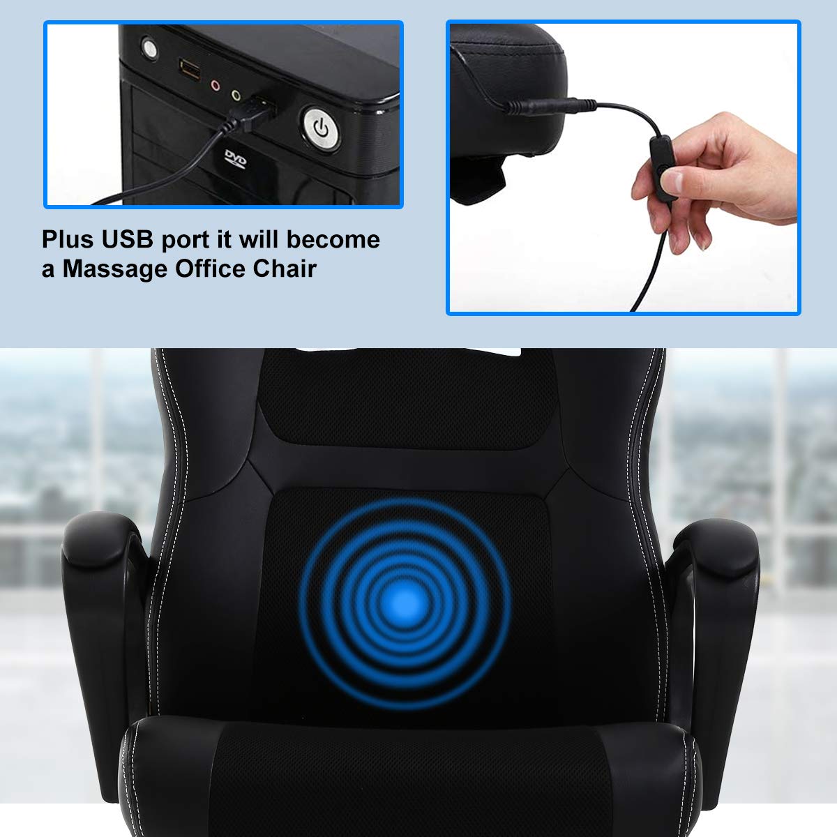 Gaming Chair Desk Chairs Ergonomic Office Chair Comfortable Massage Computer Desk Chair with Adjustable Backrest and Height, PU Leather Executive PC Swivel Chair Chair with Lumbar Support (Black)