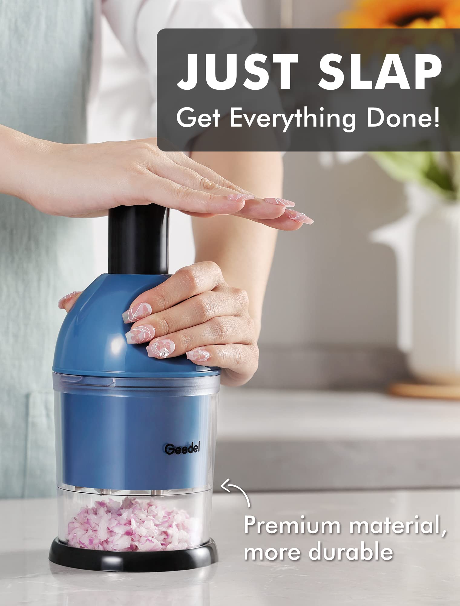 Geedel Food Chopper, Easy to Clean Manual Hand Vegetable Chopper Dicer, Dishwasher Safe Slap Onion Chopper for Veggies Onions Garlic Nuts Salads