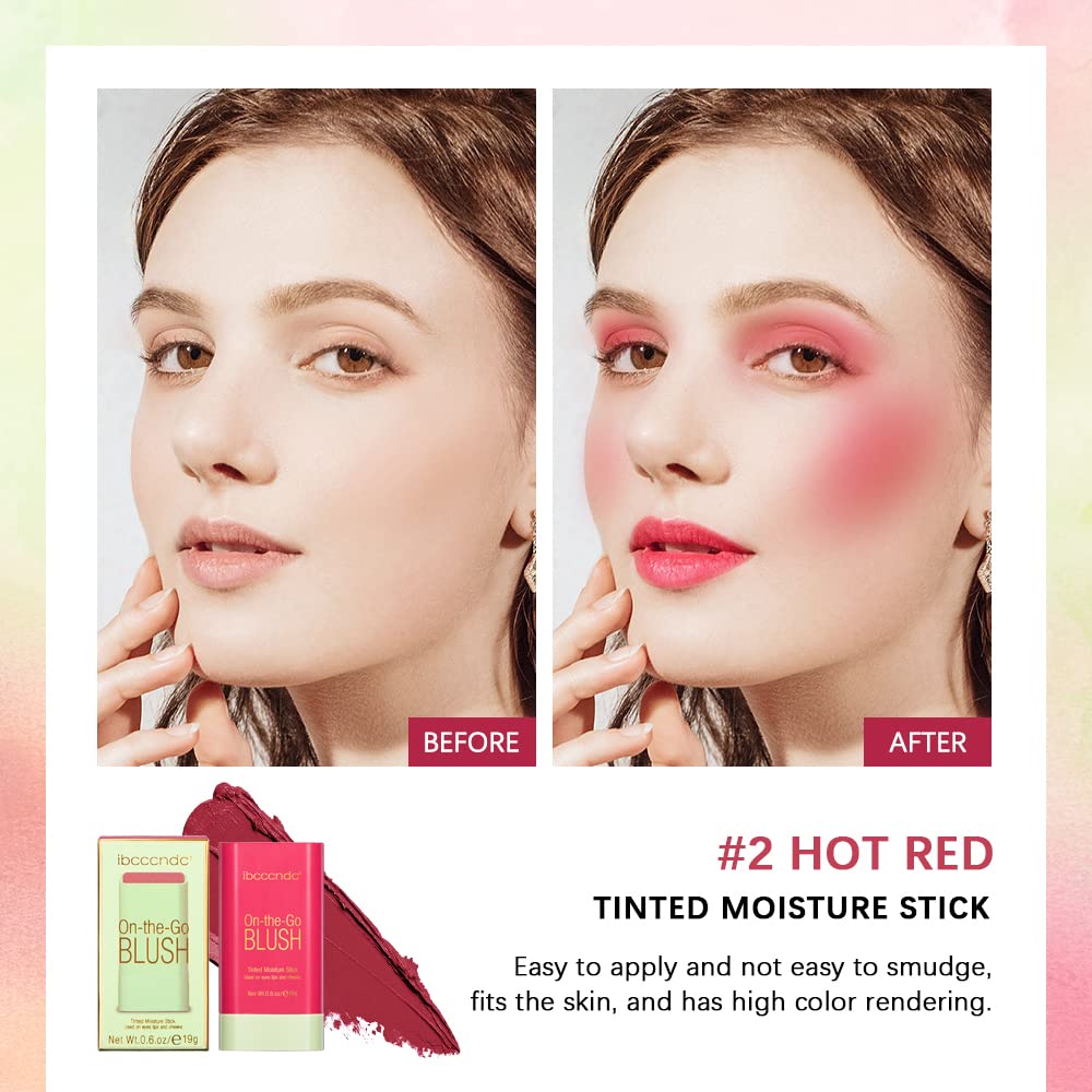 Ibcccndc Cream Blush Stick - Multi-Use Makeup Stick for Cheeks and Lips with Hydrating Formula, 2-in-1 Beauty Blush Stick with Soft Cream, On-the-Go Blendability (hot red)