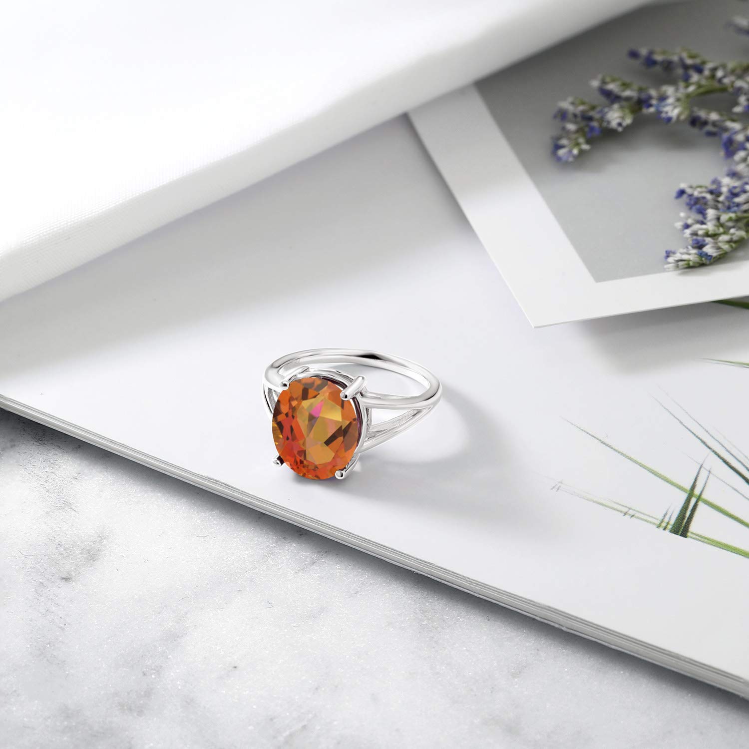 Gem Stone King 925 Sterling Silver Twilight Orange Mystic Quartz Ring For Women (4.00 Cttw, Gemstone Birthstone, Oval 12X10MM, Available In Size 5,6,7,8,9)