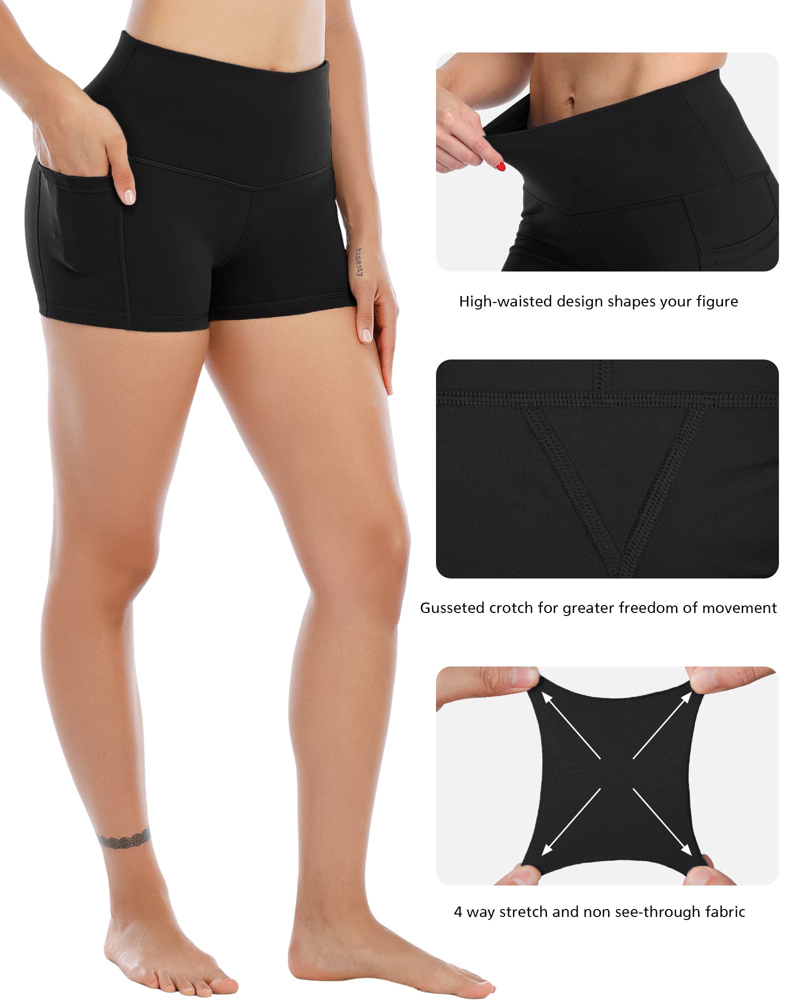 LZYVOO Spandex Shorts for Women with Pockets,Women's High Waisted Yoga Workout Booty Shorts(3" 4 Packs Black-M)
