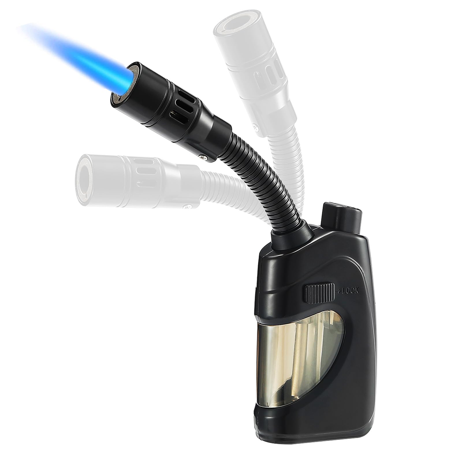 Futlidys Flexible Tube Torch Lighter with Flame Locking Function, Butane Lighter with Transparent Large Fuel Tank, Windproof Camping Lighter. Black(Sold without Gas)