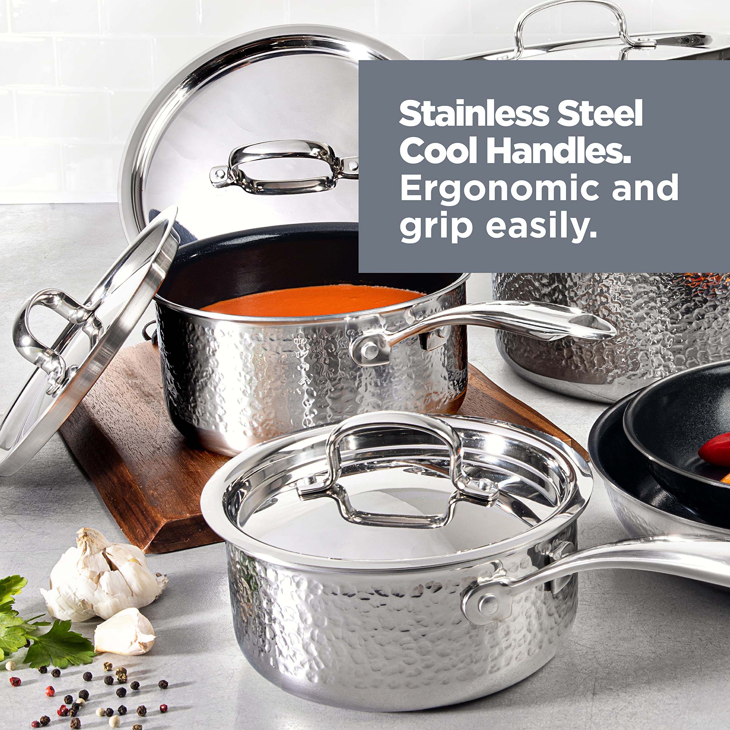 Granitestone Stainless Steel Pots and Pans Set Nonstick, 10 Pc Ceramic Kitchen Cookware Set, Induction Capable, Long Lasting Nonstick, Hammered Design, Cool Handles, Dishwasher Safe, 100% Toxin Free