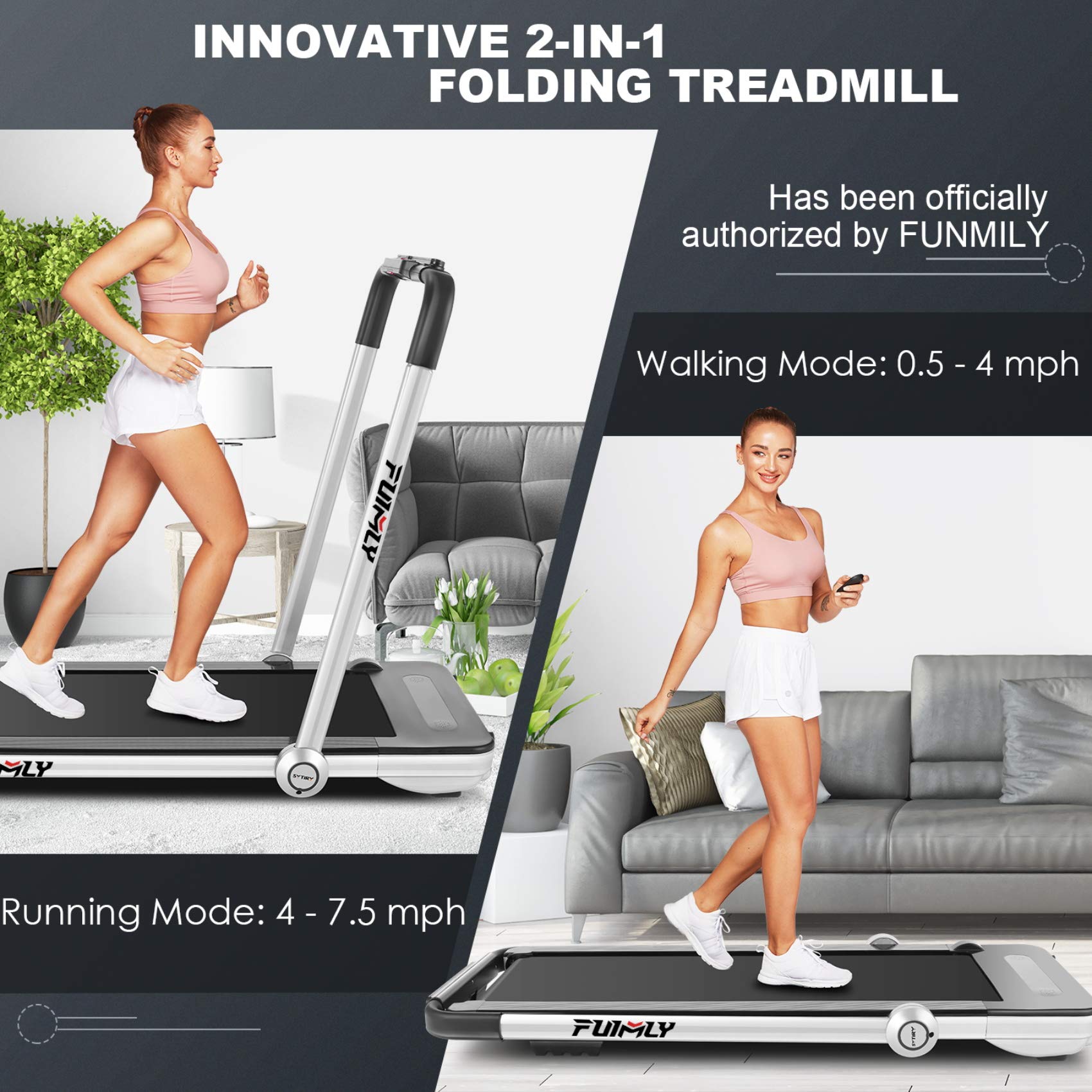 FUNMILY Treadmills for Home,2-in-1 Under-Desk Treadmill for Walking & Running,No Assembly Required,Jogging Machine for Office,Gym with Remote Control, Bluetooth Speaker and LED Display (Silver)