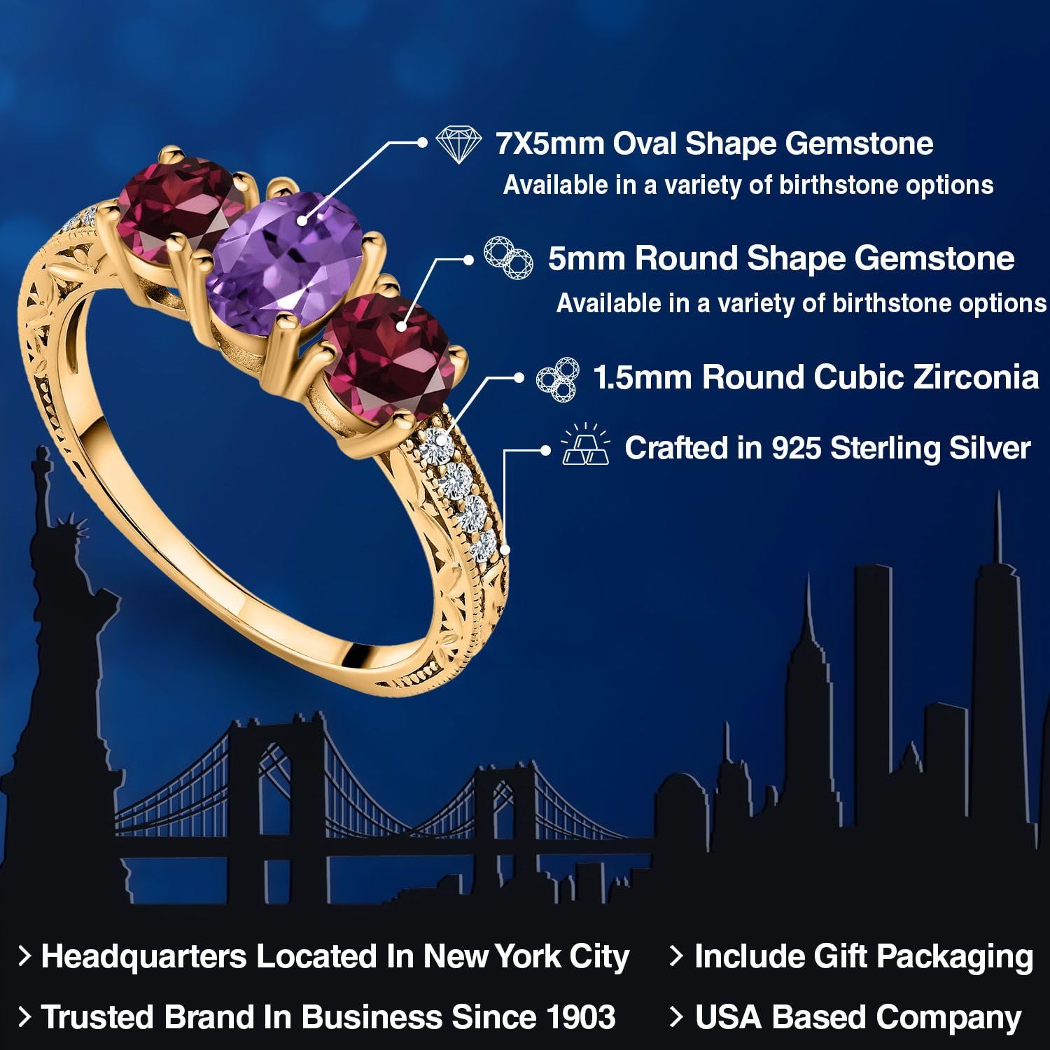 Gem Stone King 2.07 Ct Purple Amethyst Red Rhodolite Garnet 18K Yellow Gold Plated Silver Ring (Size 7)