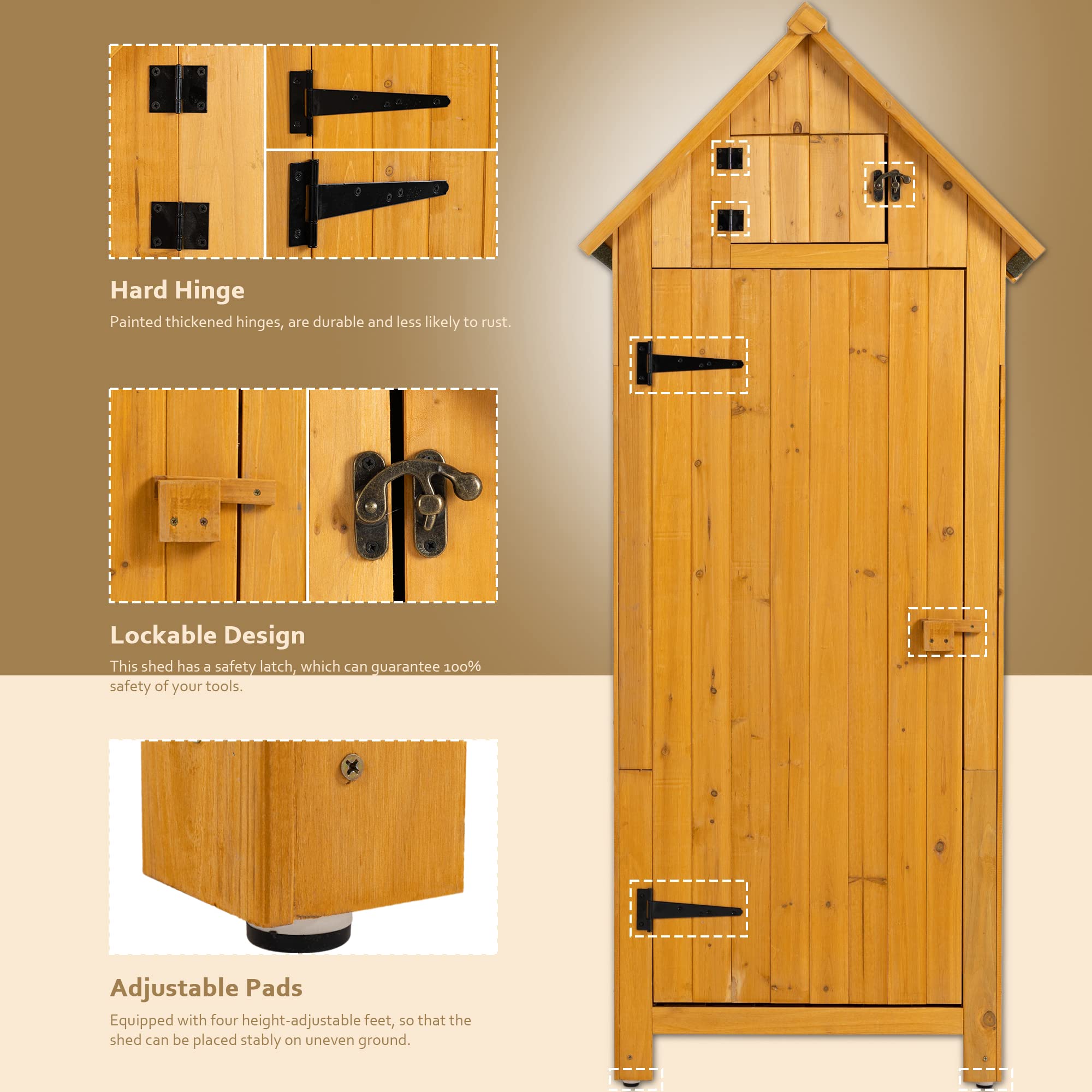 Tmsan Outdoor Storage Cabinet, Small Vertical Tool Shed, Waterproof Wood Box for Patio, Garden, Backyard, Natural