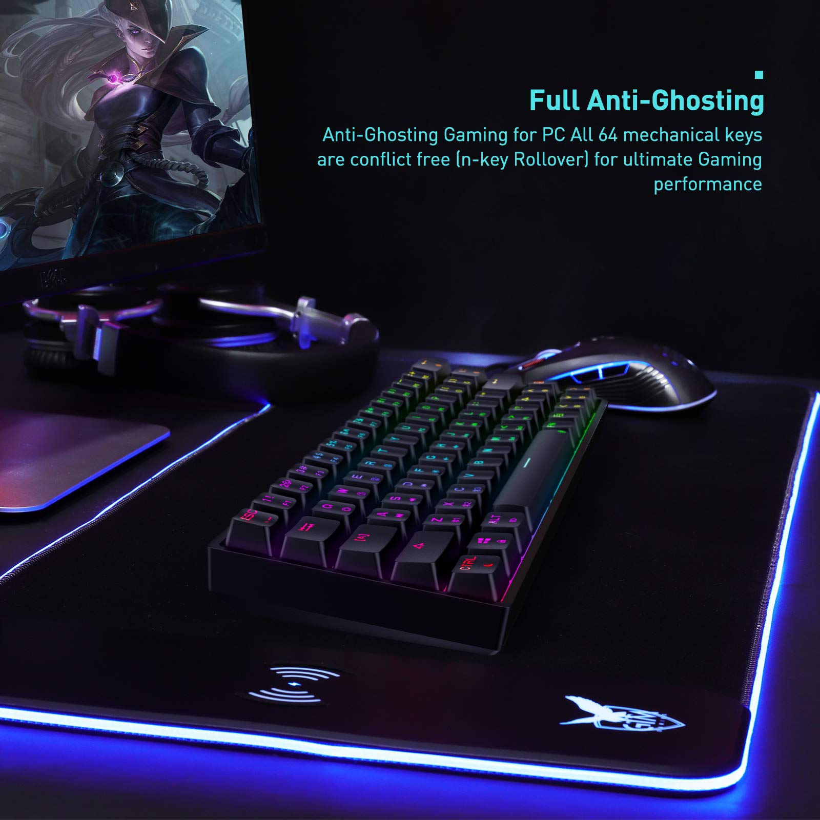 GIM KB-64 60% Mechanical Gaming Keyboard, 64 Keys RGB Backlit Hot Swappable Wired Keyboard with Full Keys Programmable (Gateron Optical Brown Switch)