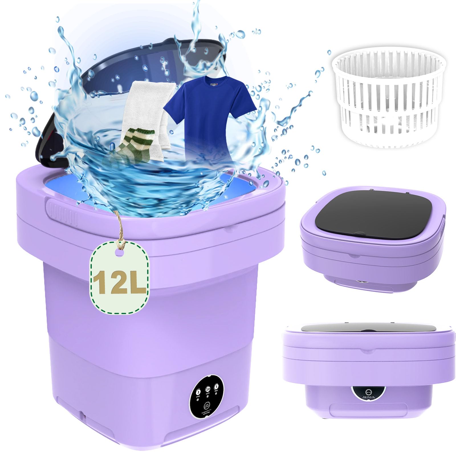 Portable Washing Machine,12L Mini Washer with Foldable Design, Small Folding Washing Machine with 3 Intelligent Cleaning Modes for Travel,Apartment,Baby Clothes,Socks(Purple)