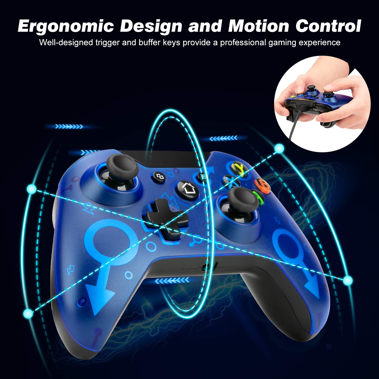 fuxinya Wired Controller, Compatible with Xbox One/One S/One X/One Elite/Windows PC, USB Wired Gamepad Remote Controller, PC Game Controller with Headset Jack [2021 Newest Version] (Blue)