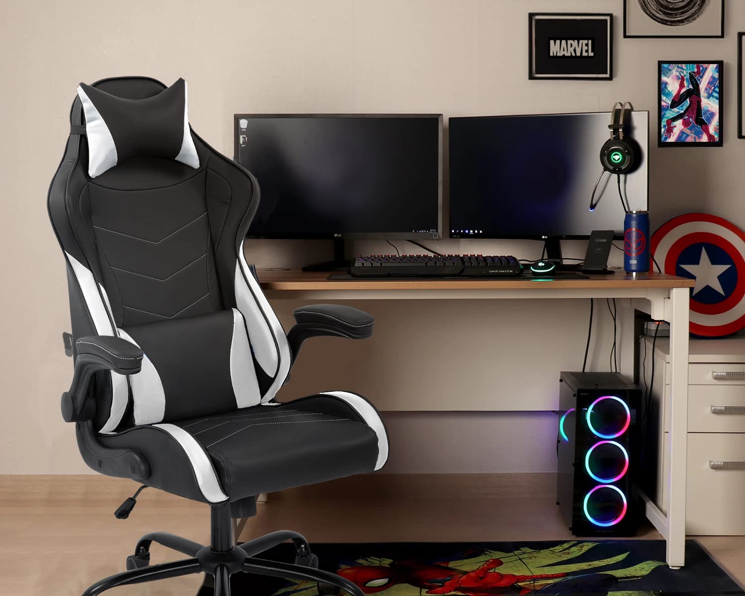 Gaming Chair Office Chair PC Computer Chair with Lumbar Support Headrest Flip up Armrest Task Rolling Swivel Ergonomic Adjustable E-Sports Desk Racing Chair(White)