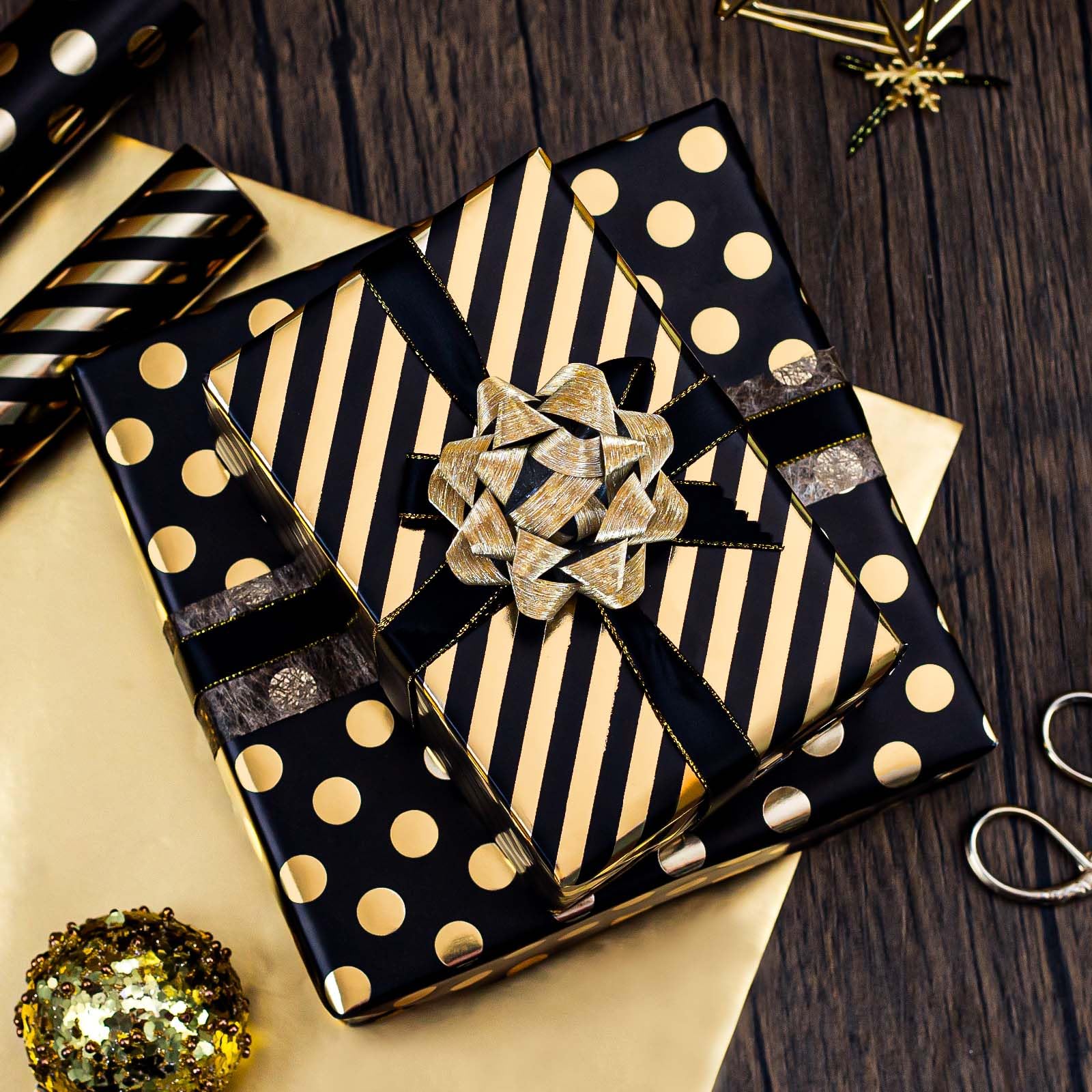 Retrify Wrapping Paper Roll - 3 Mini Rolls Black Gold Foil Polka Dots Stripes Gift Wrap Paper for Birthday, Christmas, Father's Day, All Occasions - 17 Inch x 120 Inch Per Roll