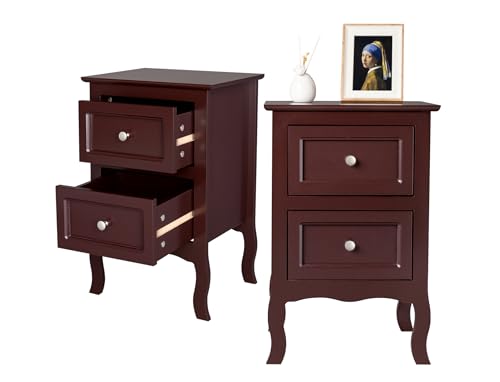 Royard Oaktree Upgraded Set of 2 Wooden Side Table with 2 Drawers Farmhouse Bedside Table with Storage for Bedroom Living Room,Brown