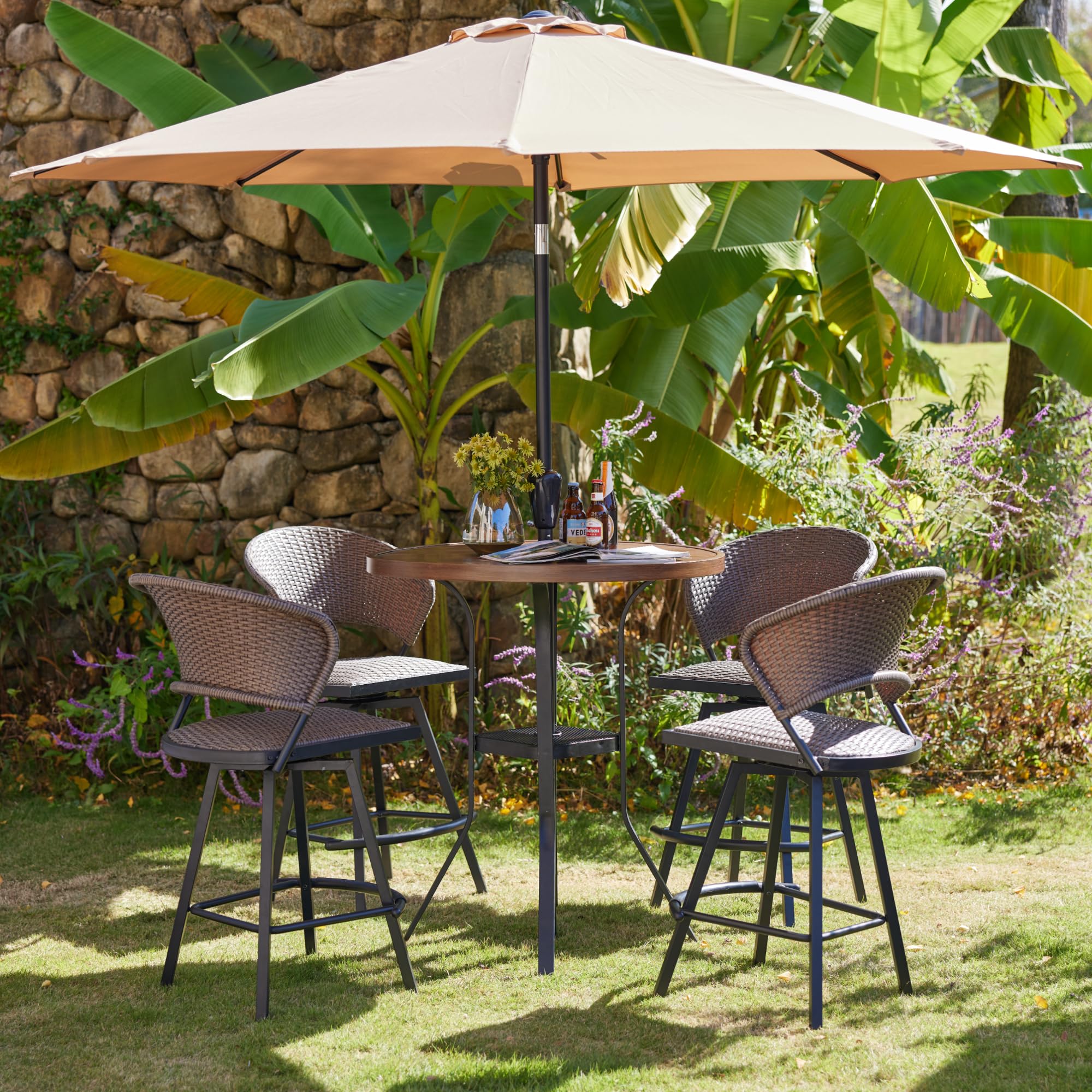 VICLLAX Outdoor 180-Degree Swivel Bar Stools Set of 2, Rattan Tall Patio Chair for Garden Pool Lawn Backyard, Brown