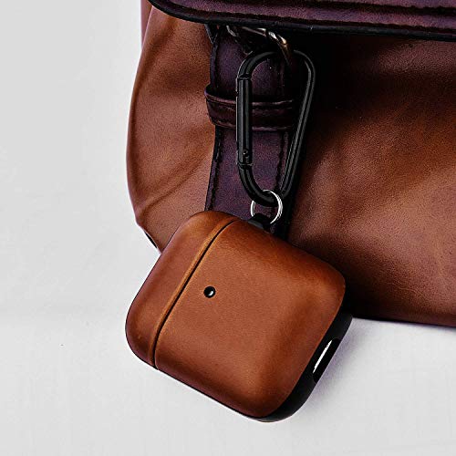 V-MORO Compatible with Airpods Case, Genuine Leather Airpods Case with Keychain for Airpods 2 & 1, Front LED Visible, Protective Cover Skin Brown