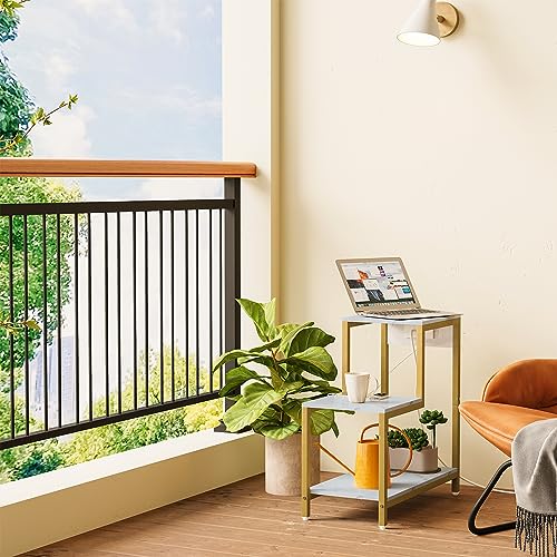 Snughome End Table with Charging Station, Narrow Side Table, 3 Tier Modern Nightstand with USB Ports and Outlet, Sofa Beside Table for Living Room, Bedroom,White and Gold