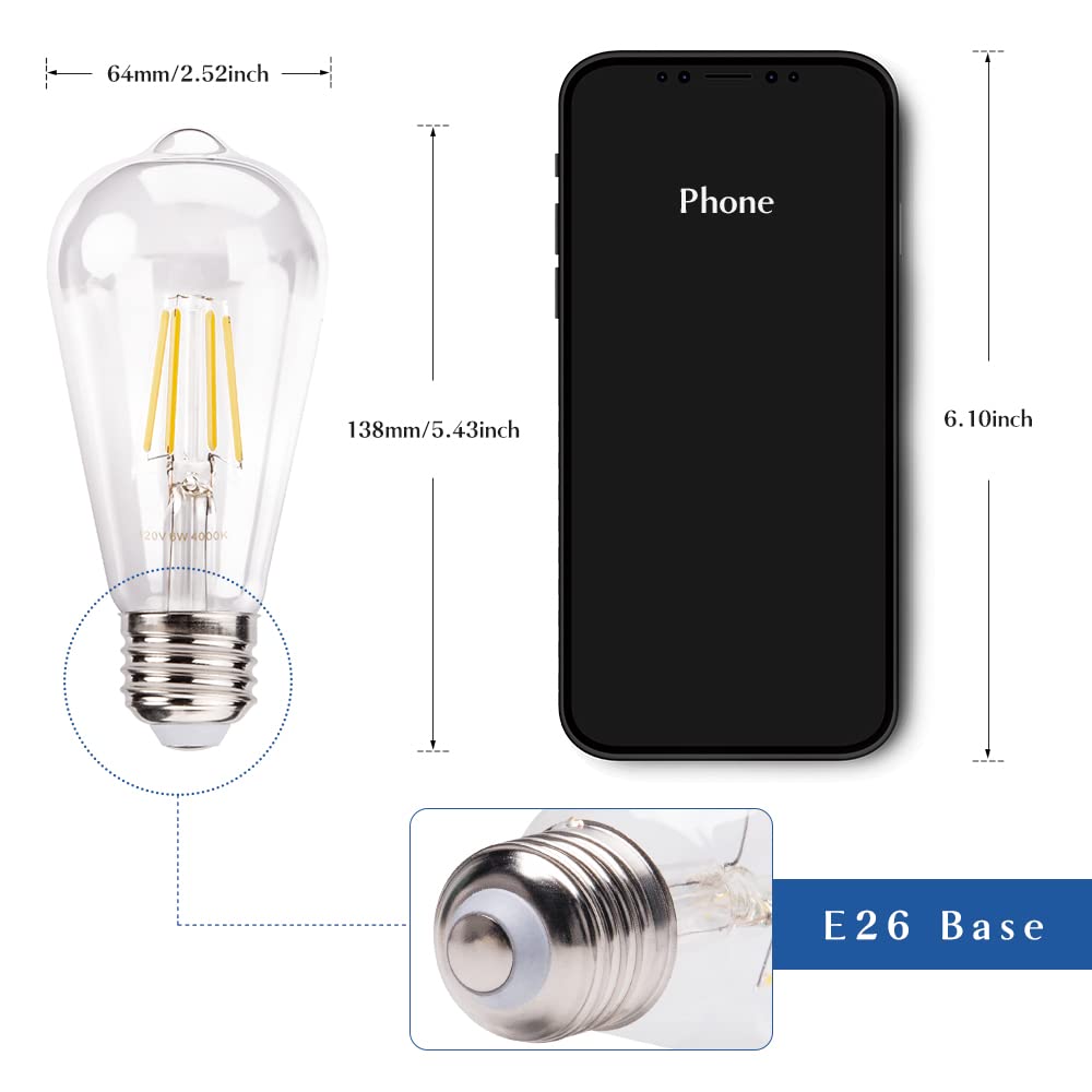 hantop Vintage Edison Bulb 6Watt(60 Watt Equivalent), 4000K White Light Bulb, E26/Medium (Standard) Base, 600Lumens CRI80+ 120V, Set of 4