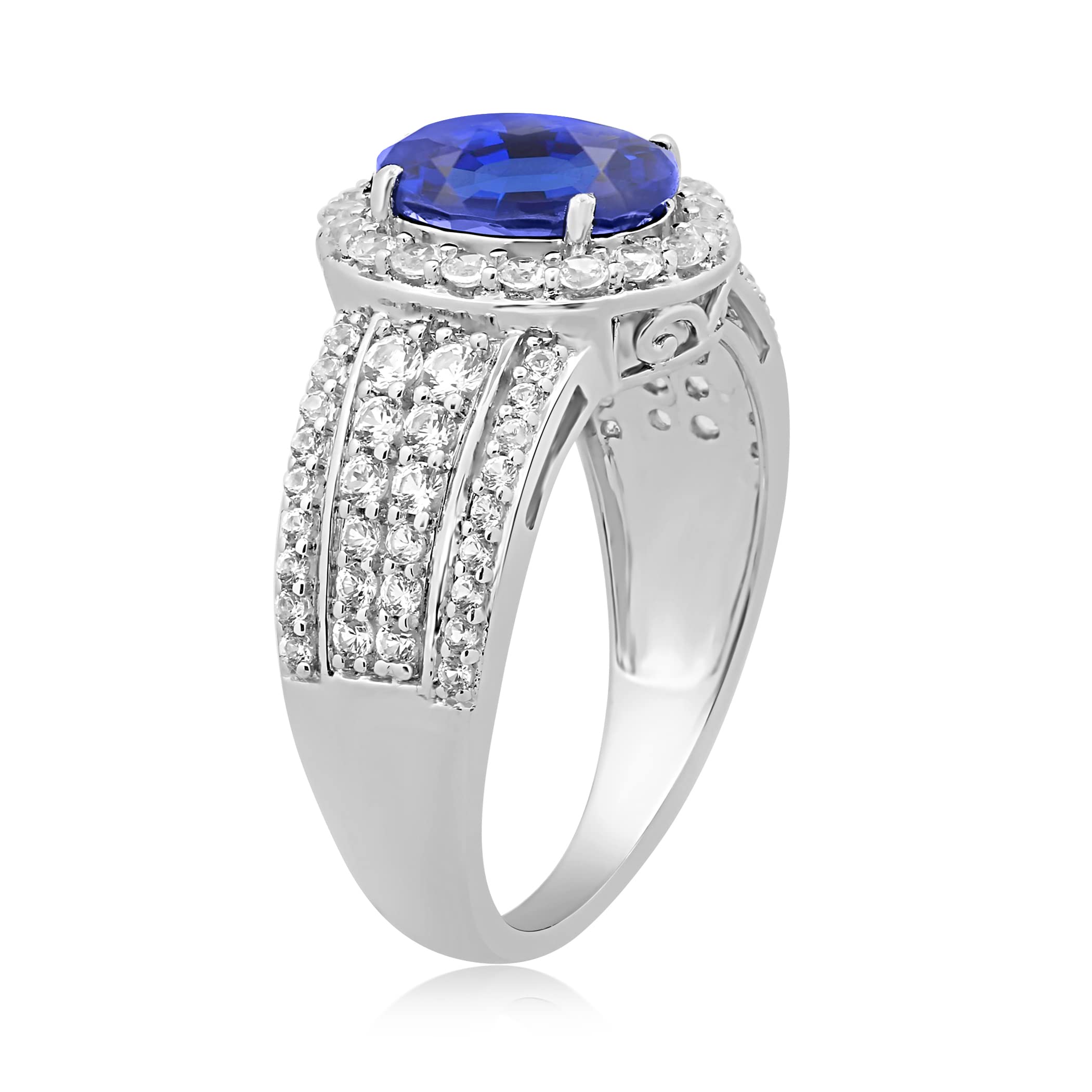 Jewelili Sterling Silver 9x7 MM Oval Cut Created Ceylon Sapphire and Round Created White Sapphire Engagement Ring, Size 7