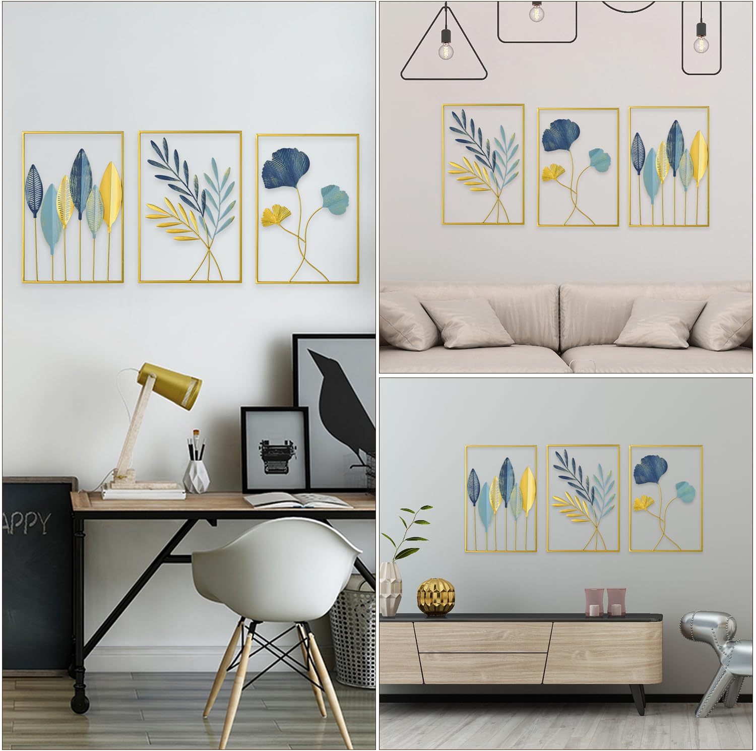 FUNTEREST Gold Leaf Wall Decor Modern Wall Art Home Decor, Set of 3 Metal Wall Hanging Decoration for Living Room Office Bedroom Hotel