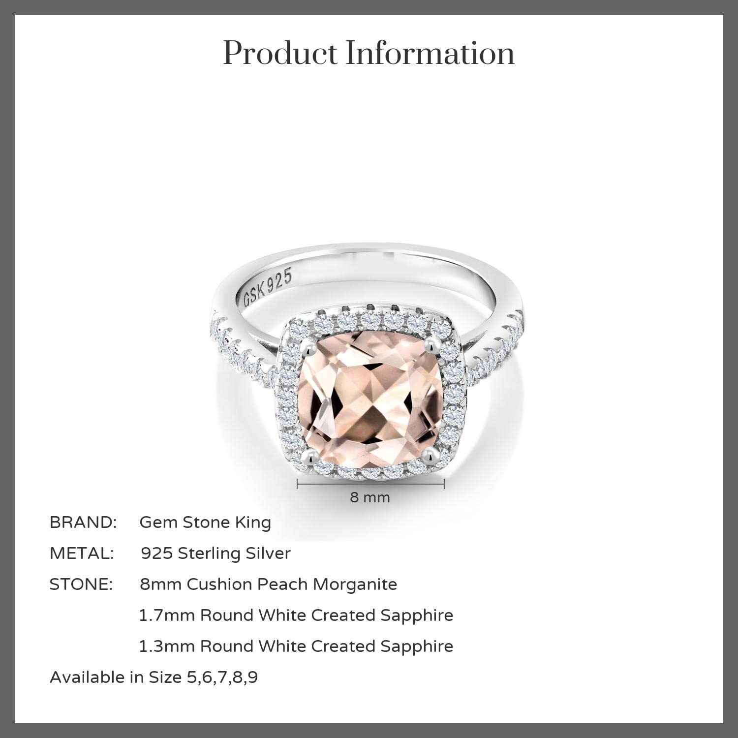 Gem Stone King 925 Sterling Silver Peach Morganite and White Created Sapphire Women Engagement Ring (2.38 Cttw Cushion 8MM, Available In Size 5, 6, 7, 8, 9)