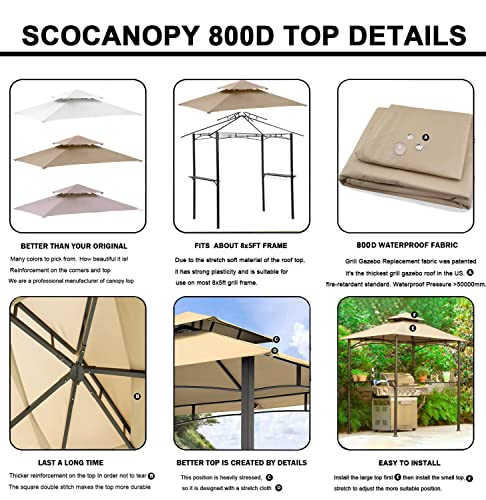 SCOCANOPY Universal Stretch Waterproof Grill Gazebo Replacement Roof for 8' x 5' Frame,Beige