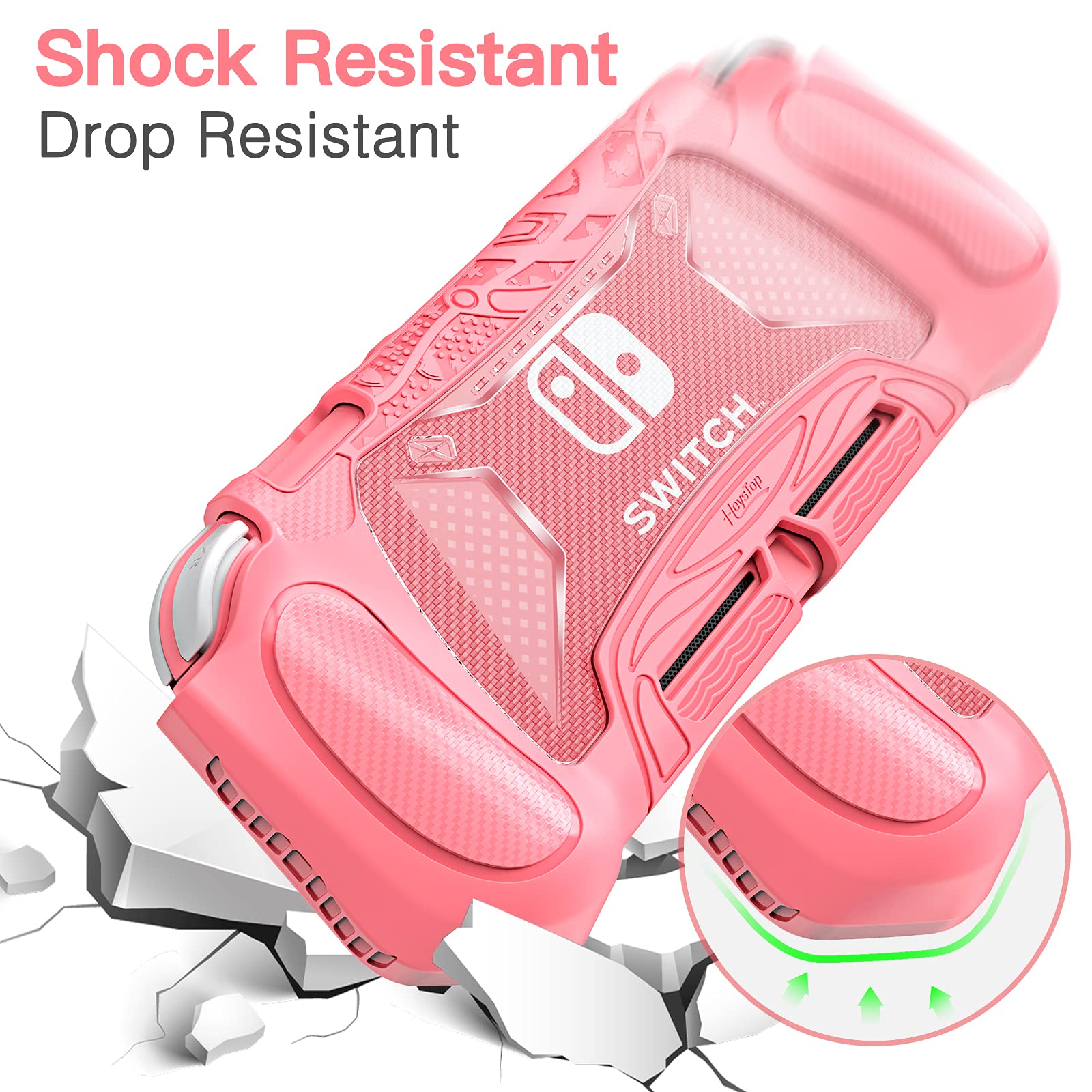 HEYSTOP Switch Lite Case Cover, Switch Lite Protective Case with Game Card Storage, Tempered Glass Screen Protector and Thumb Grip, Switch Lite Grip Case Anti-Scratch Non-Slip Case, Pink