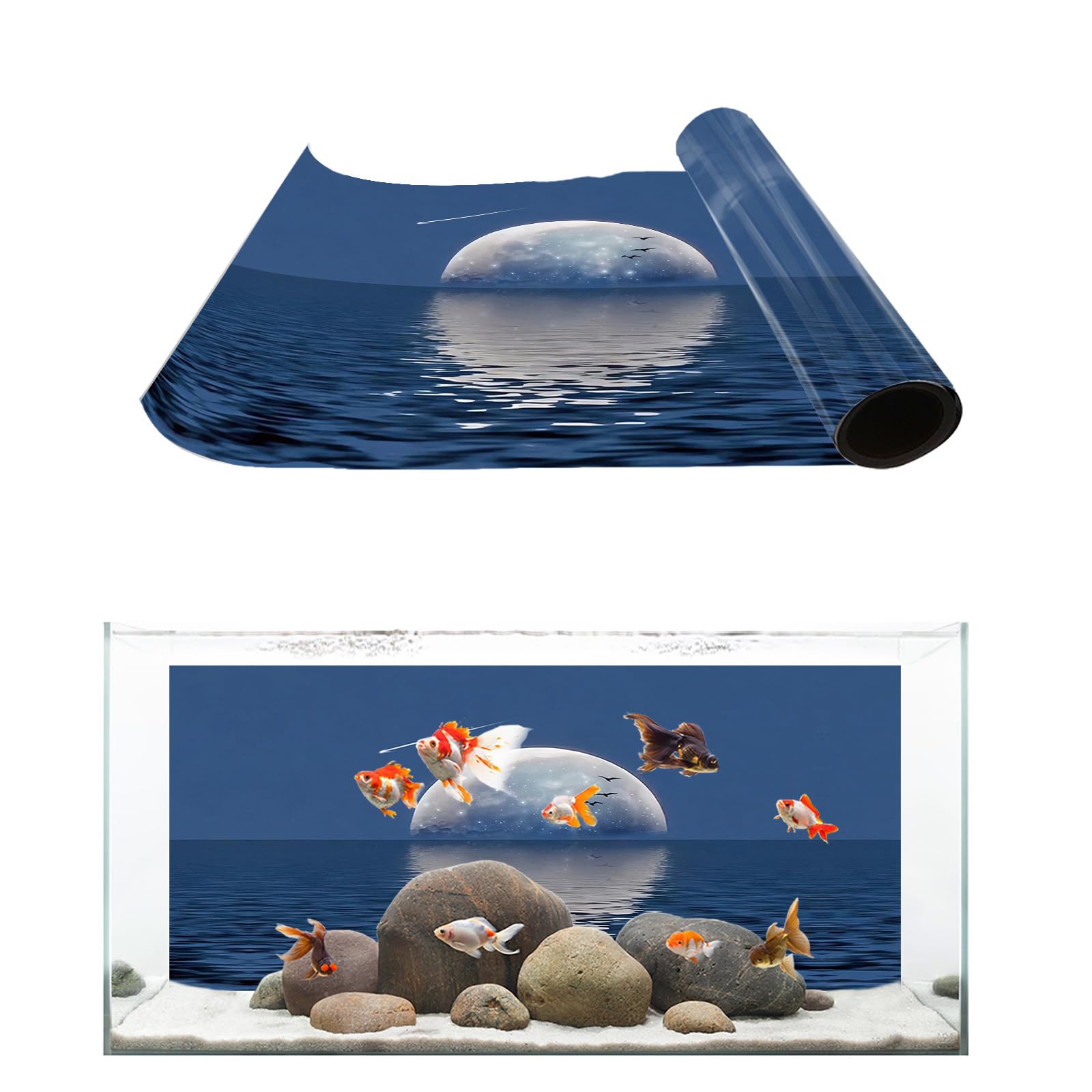 Full Moon Aquarium Background, Durable PVC Adhesive Backdrop Aquarium Poster Fish Tank Backgrounds Decorative Paper 24.4x60.8inch, Blue Ocean Waves Seabirds