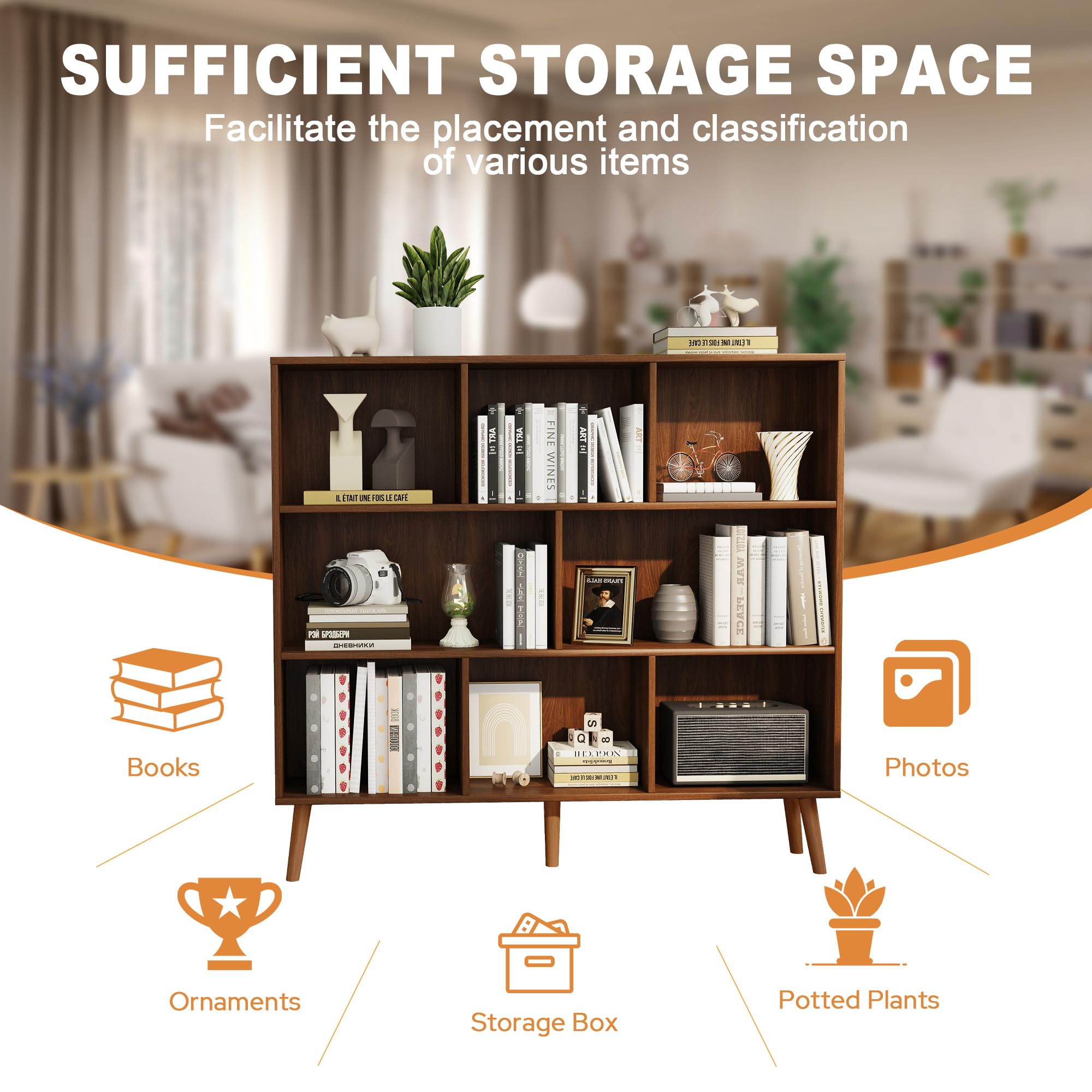 VICLLAX Wood 3 Tier Storage Shelf, 8 Cubes Free Standing Bookshelf with Legs, Display Bookcase for Living Room, Bedroom, Kids Room, Office, Walnut