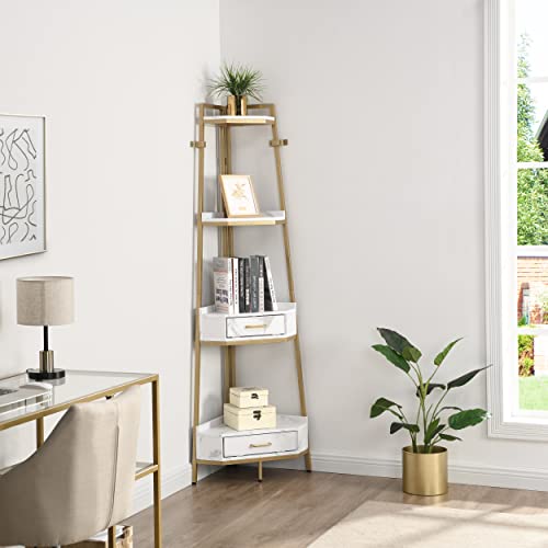 Scoomor Corner Shelf 4 Tier with Drawers, Modern Corner Bookshelf, Free Standing Storage Rack, Plant Stand for Living Room, Home Office, Kitchen, Small Spaces, 72.64ββ Tall (Gold)