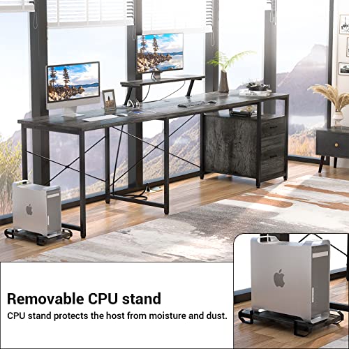 Unikito L-Shaped Desk with Power Outlet and LED Strip, L Shaped Computer Corner Desk with Reversible File Drawer and Monitor Stand, Gaming Table Writing Desk for Home Office Workstation, Black Oak