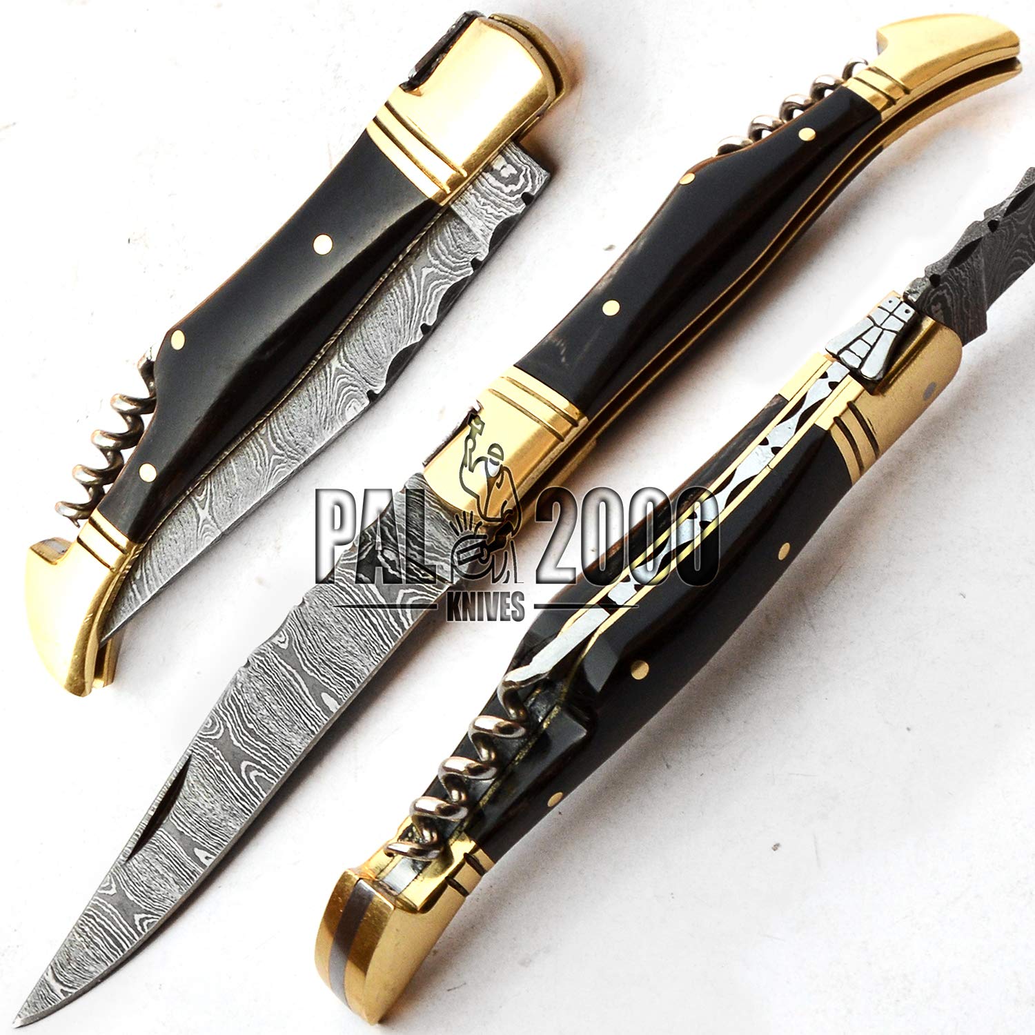 Handmade Damascus Steel Folding Pocket - Knife With Leather Sheath - Hunting - Camping - Fishing - Outdoors (9800)
