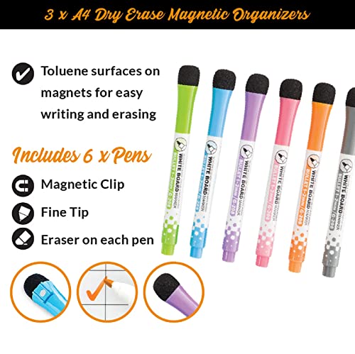 Howlin' Homewares Magnetic Dry Erase Board for Fridge - Stain Resistant Refrigerator Calendar with Fine Tip Markers and Large Eraser - Magnetic Whiteboard Weekly Planner