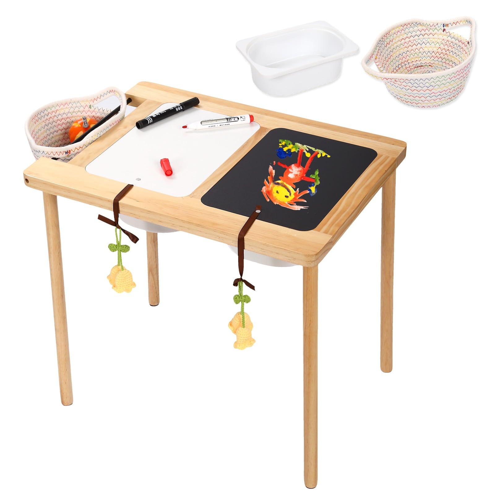 WOFDALY Sensory Table,Wooden Toddler Sensory Table with 2 Storage Bins and Writable Lids,Indoor/Outdoor Kids Play Drawing Table,Play Sand Table for 1-3/3-5, Yellow